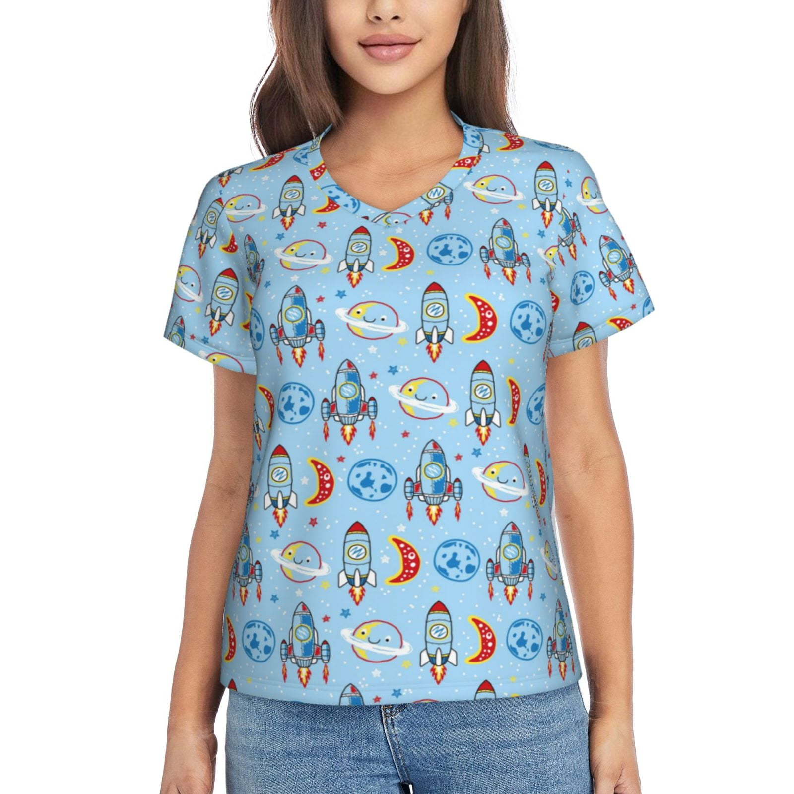 Fuzoiu Cartoon Rocket With Space Print Women's Classic V-Neck T-Shirt ...