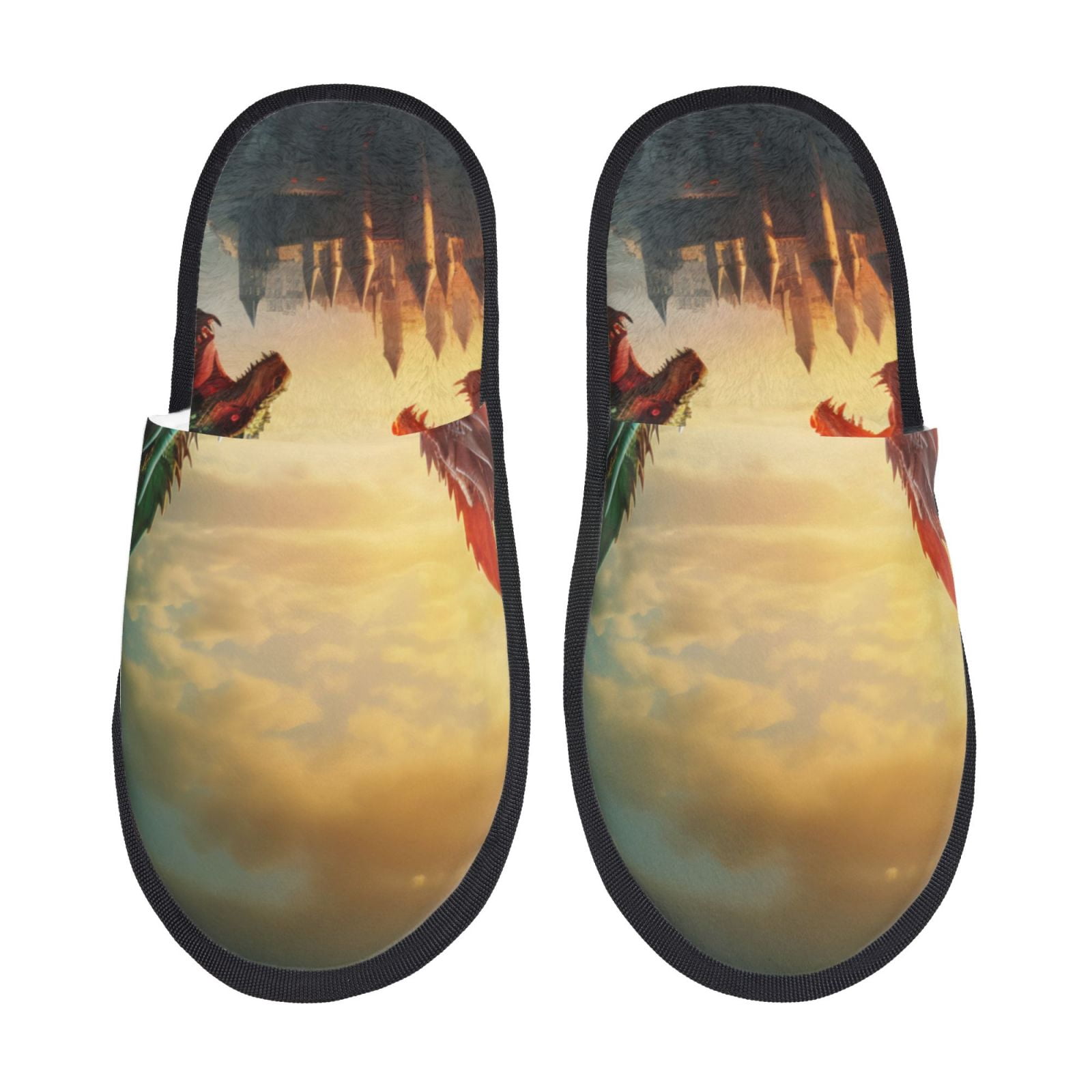 Fuzoiu Castle Red Green Sky Dragon Print Unisex Furry Slippers,Plush ...