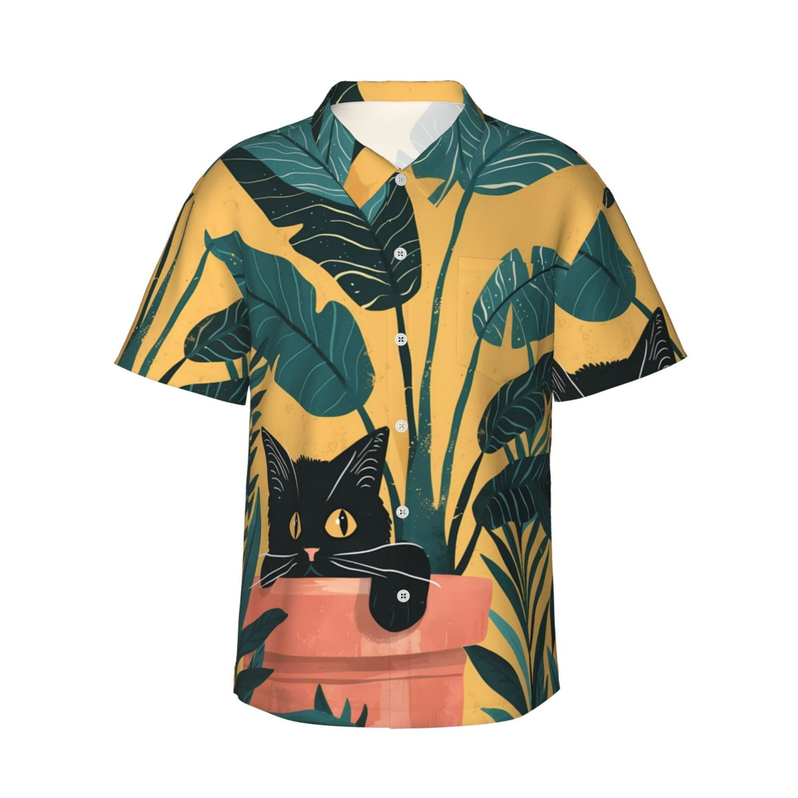 Fuzoiu Cat Hiding In Potted Plants Print Hawaiian Shirt for Men, Summer ...
