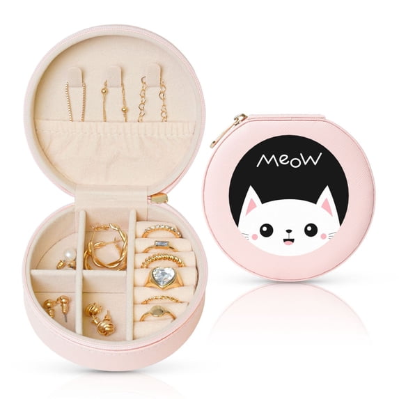 Fuzoiu Cat Meow Print Portable Jewelry Box,Round Mini Leather Travel ...