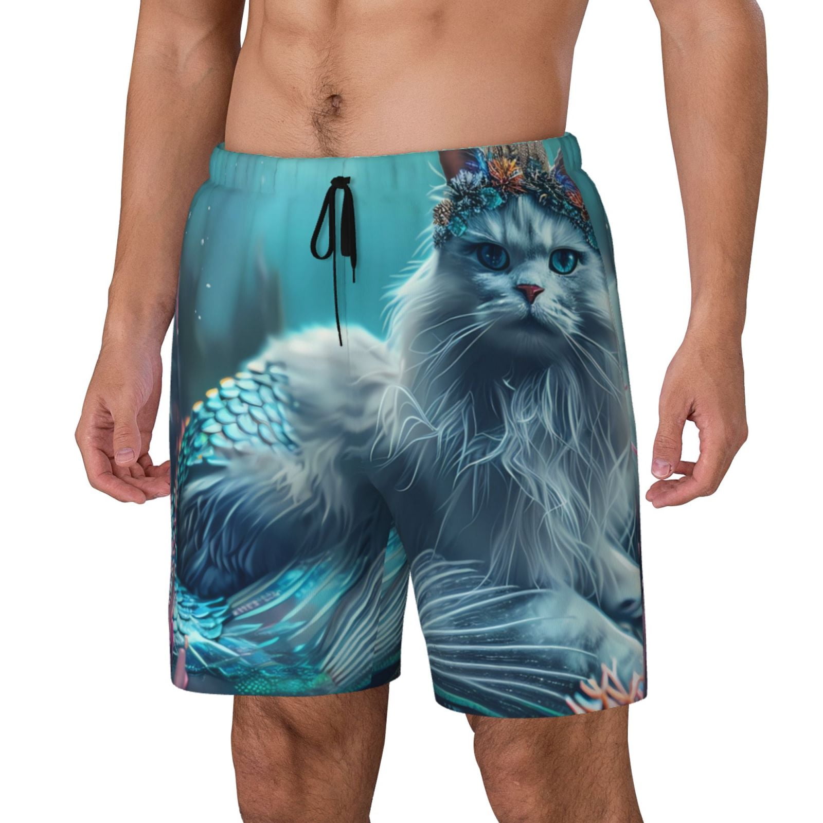 Fuzoiu Cat Underwater Fantasy Print Men's Swim Shorts,Quick-Dry Double ...