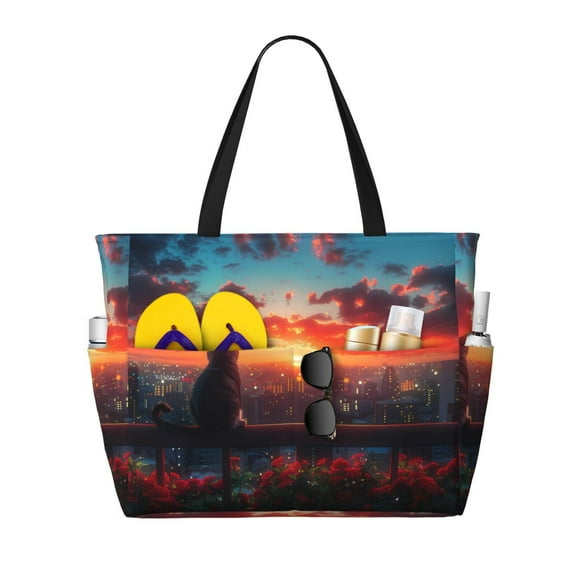 Fuzoiu Cat Watching City Sunset Print Waterproof Beach Tote Bag for Women Girls with Zipper ...