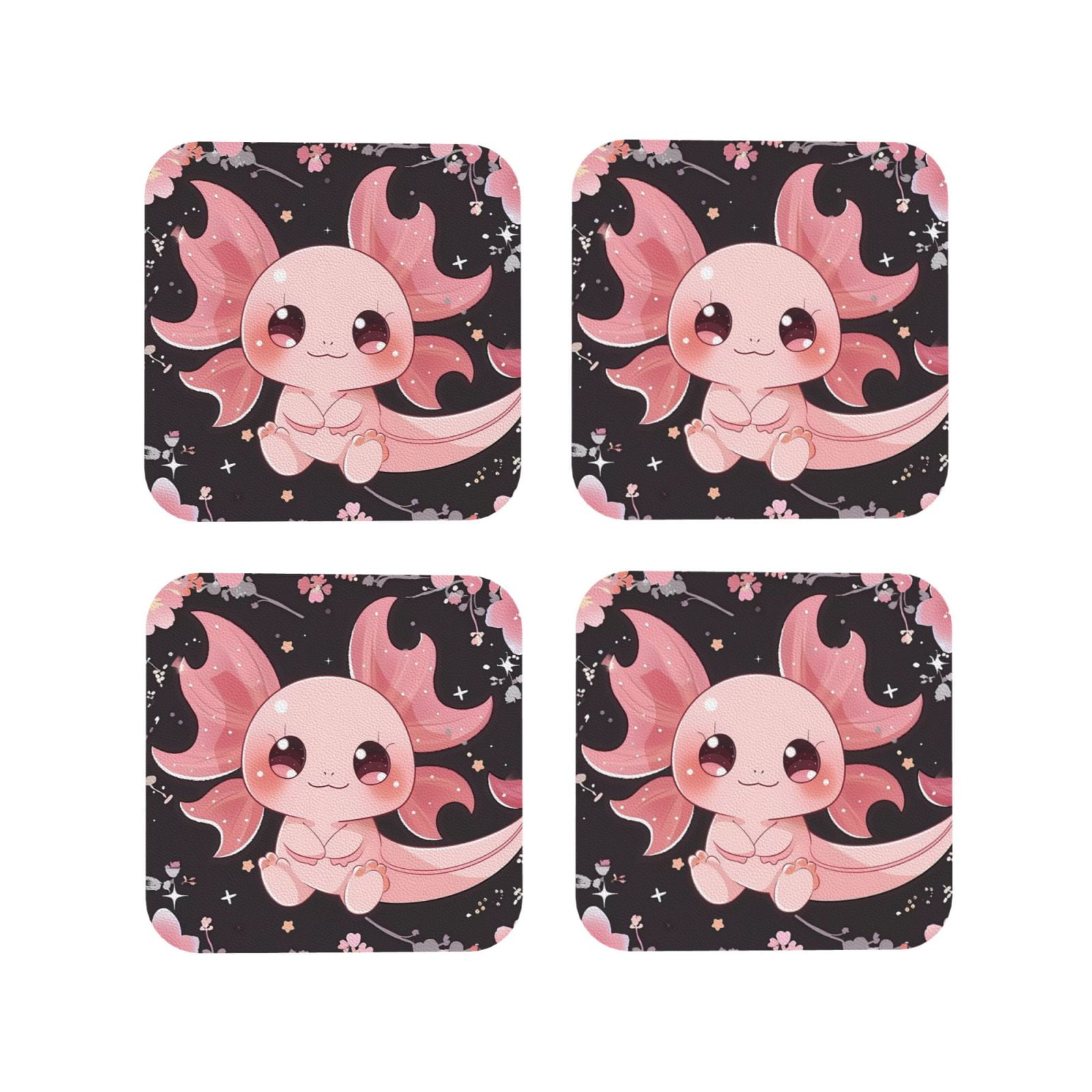 Fuzoiu Chibi Axolotl Sakura Fantasy Print Leather Coasters Set,Drink ...