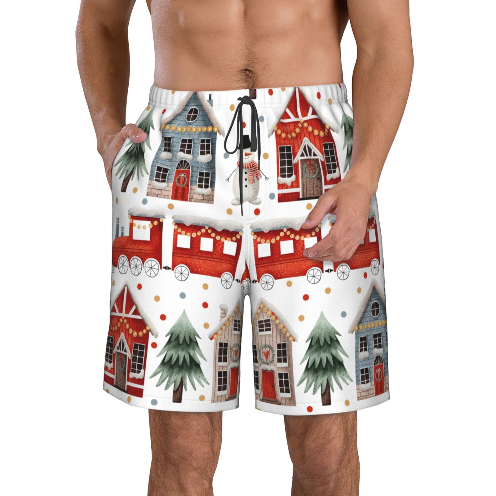 Fuzoiu Christmas Houses Print Men's Beach Shorts,Men's Swim Trunks ...