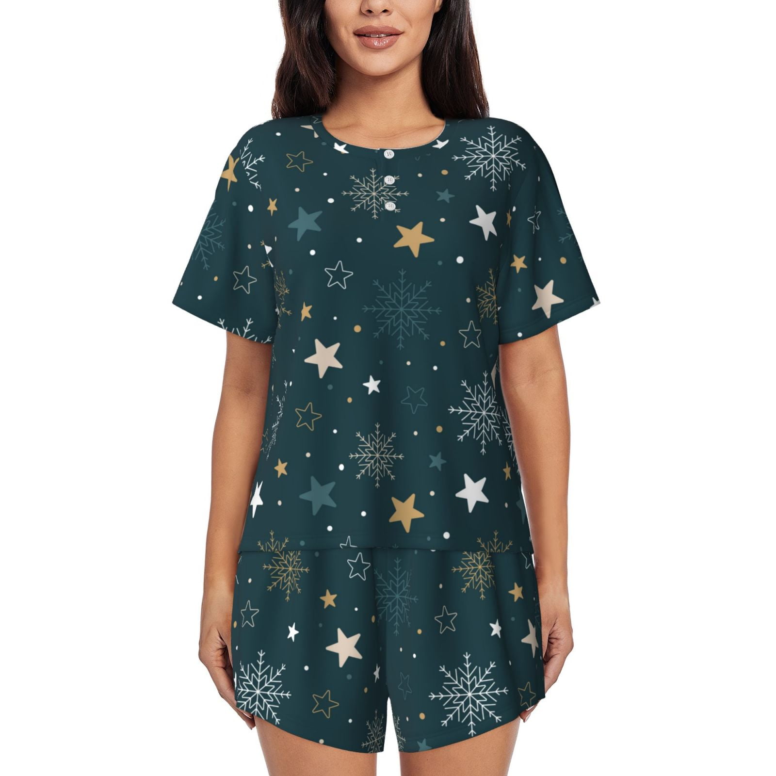 Fuzoiu Christmas Snowflake Print Women's Short-Sleeved Pajama Set ...