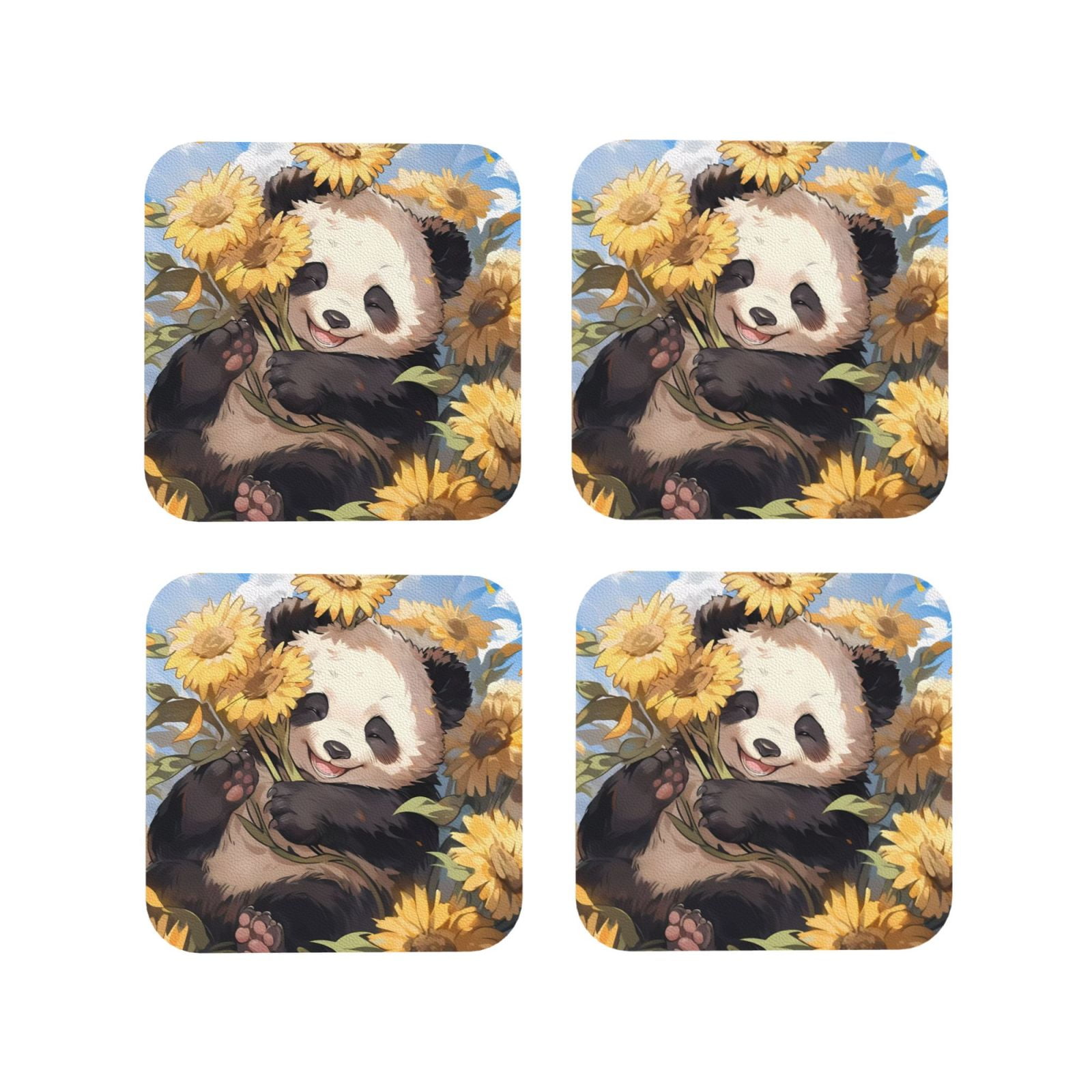 Fuzoiu Clear Sky Cute Sunflower Panda Print Leather Coasters Set,Drink ...