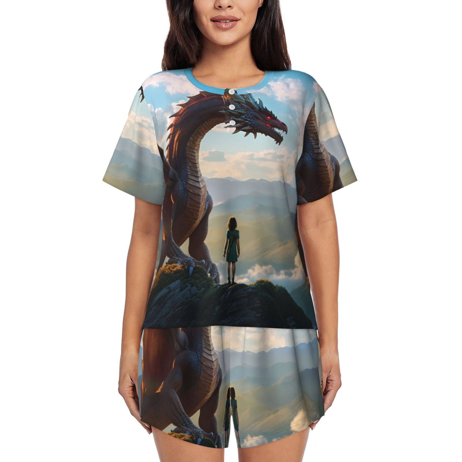 Fuzoiu Clear Sky Mountain Red Dragon Print Women's Short-Sleeved Pajama ...