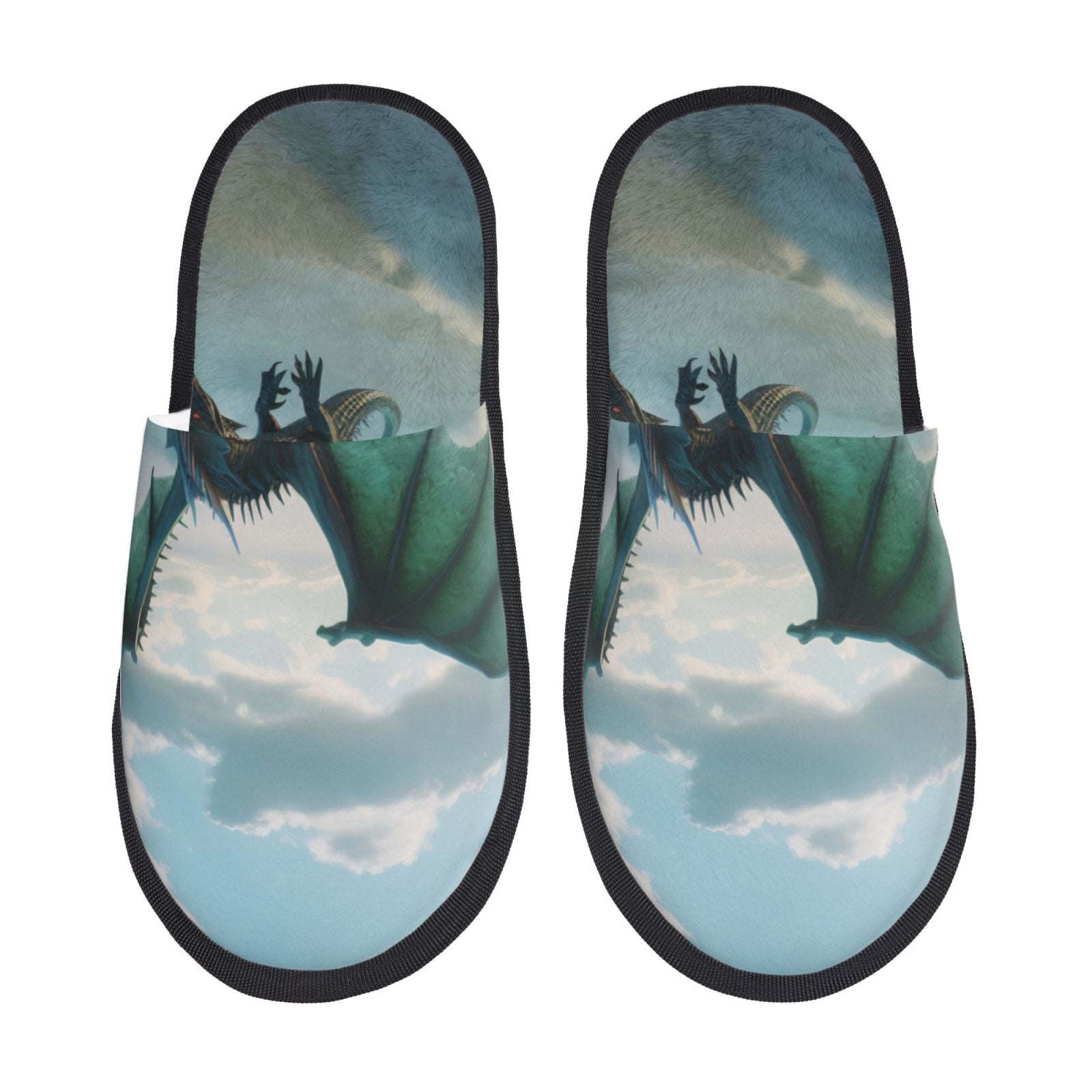 Fuzoiu Cloud Sky Green Dragon Print Unisex Furry Slippers,Plush Indoor ...