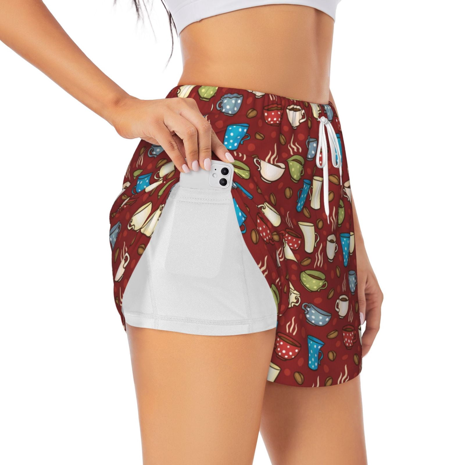 Fuzoiu Coffee Cups Print Women's Athletic Shorts, Double-Layer Running ...