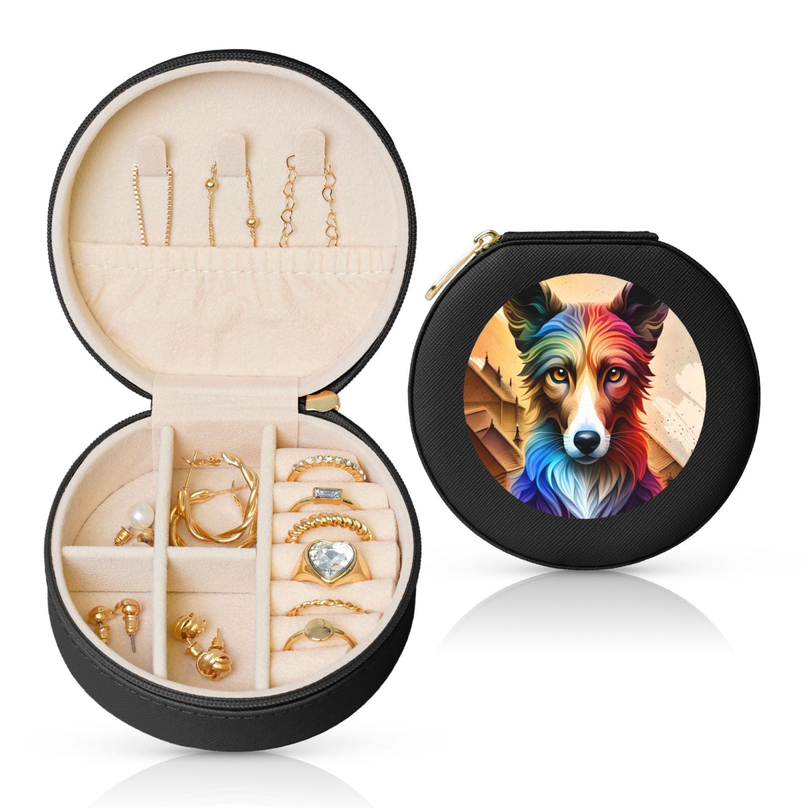 Fuzoiu Colorful Art Dog Print Portable Jewelry Box,Round Mini Leather ...