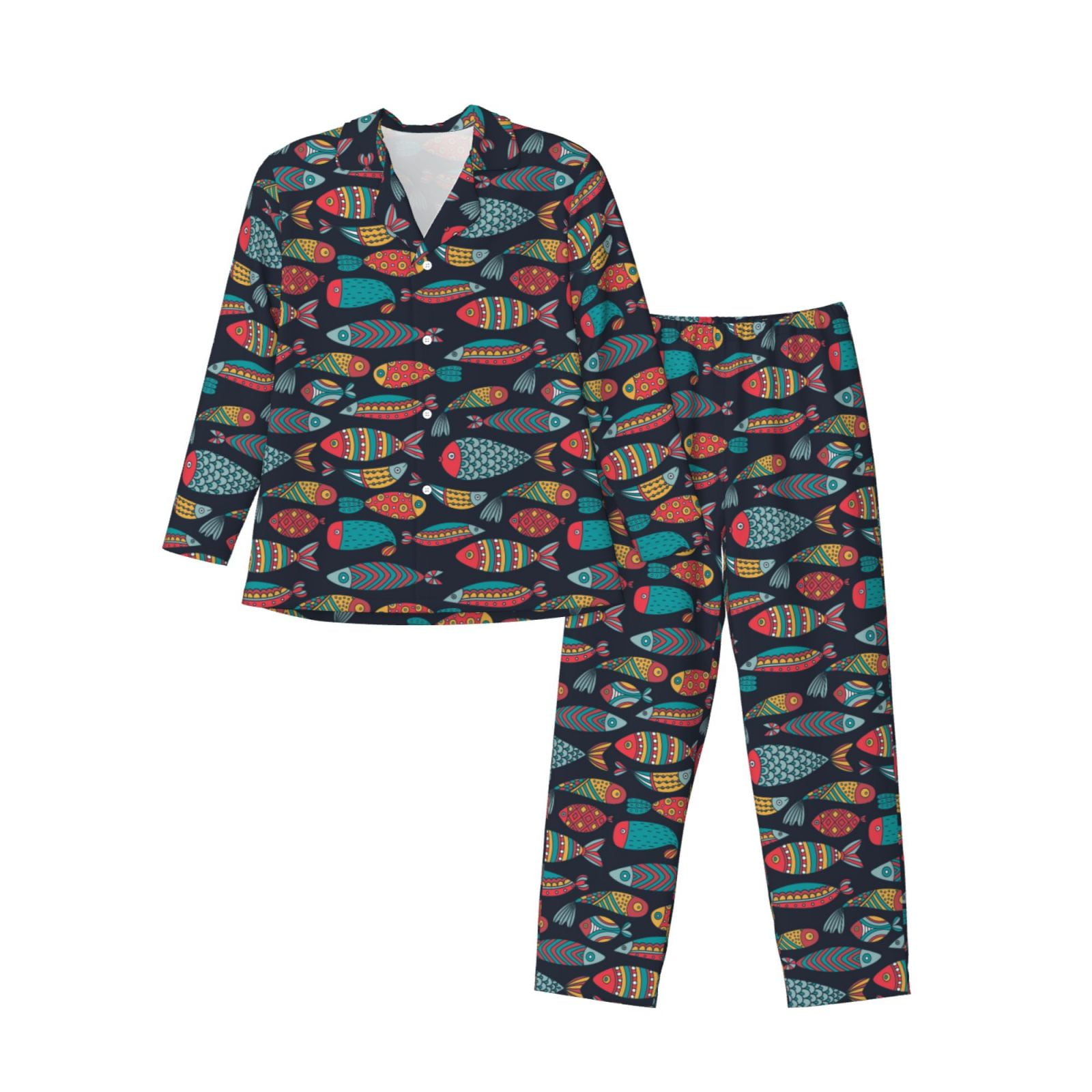 Fuzoiu Colorful Fish Print Men's Long-Sleeved Pajama,Lounge Button Down ...