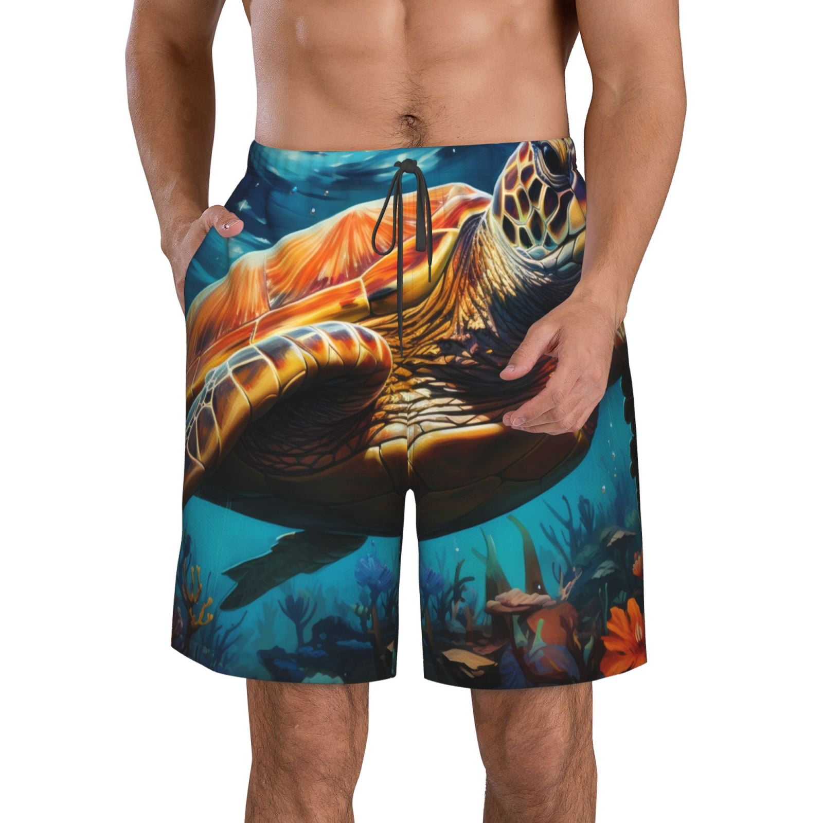 Fuzoiu Colorful Flower Sea Turtle Print Men's Beach Shorts,Men's Swim ...