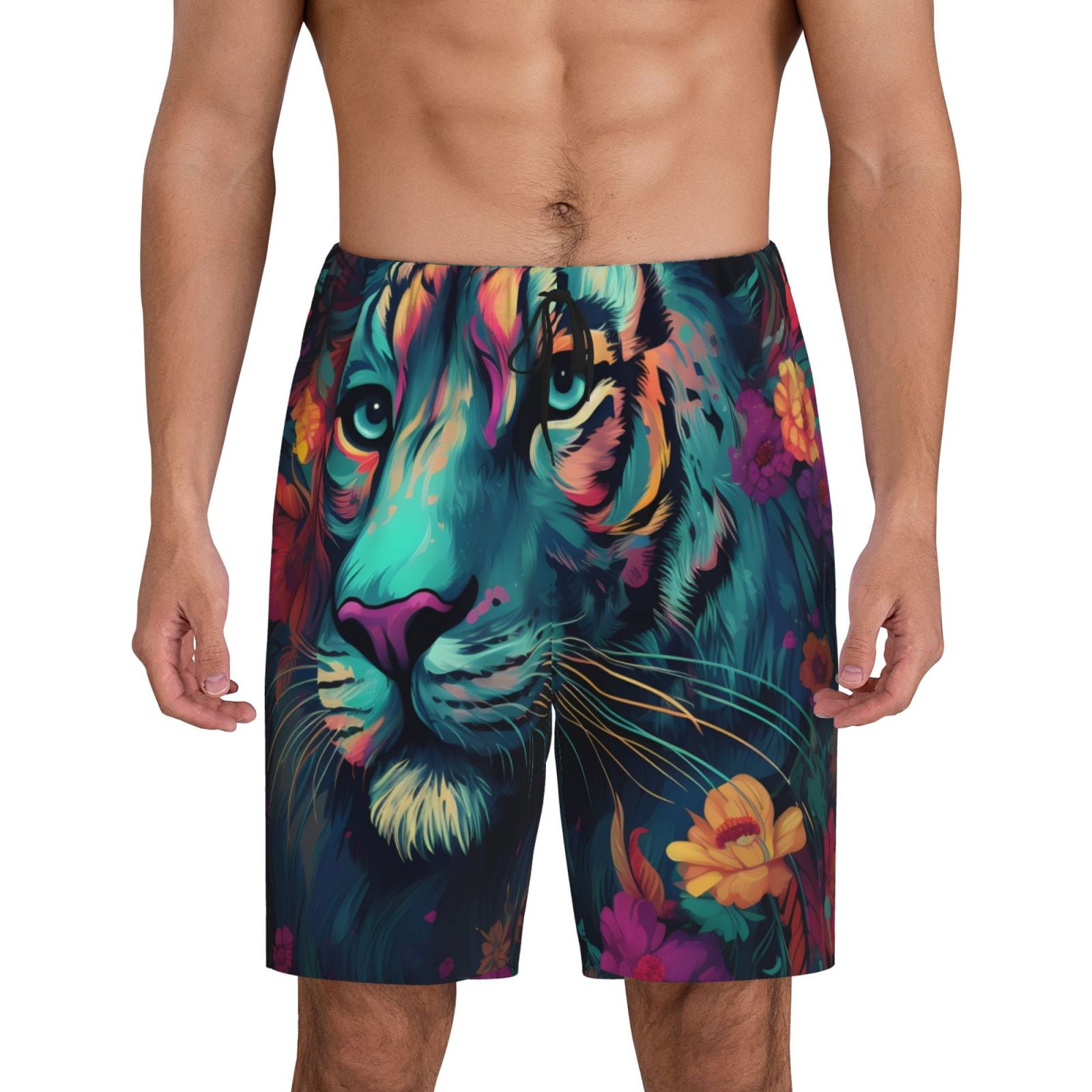 Fuzoiu Colorful Flower Tiger Print Pajama Shorts for Men, Men's Pajama ...