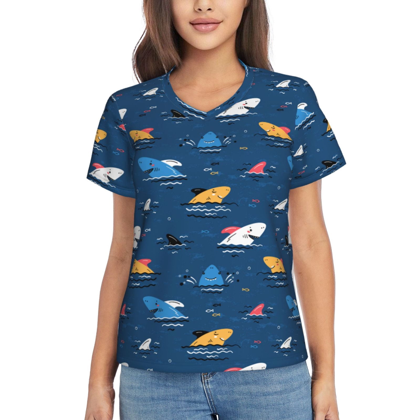 Fuzoiu Colorful Ocean Shark Print Women's Classic V-Neck T-Shirt, Short ...