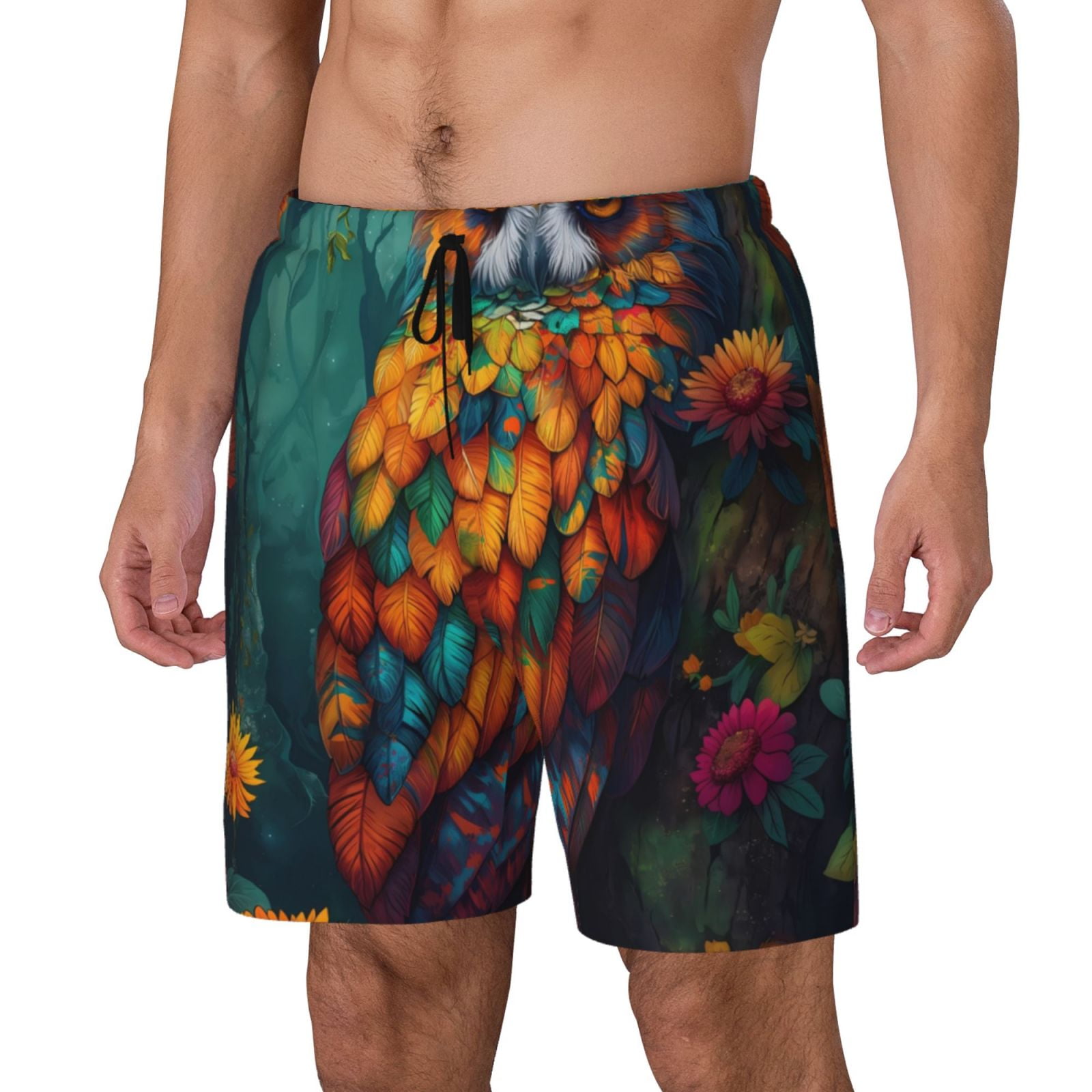 Fuzoiu Colorful Owl Forest Print Men's Swim Shorts,Quick-Dry Double ...