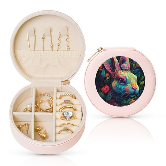 Fuzoiu Colorful Patterned Rabbit Print Portable Jewelry Box,Round Mini ...