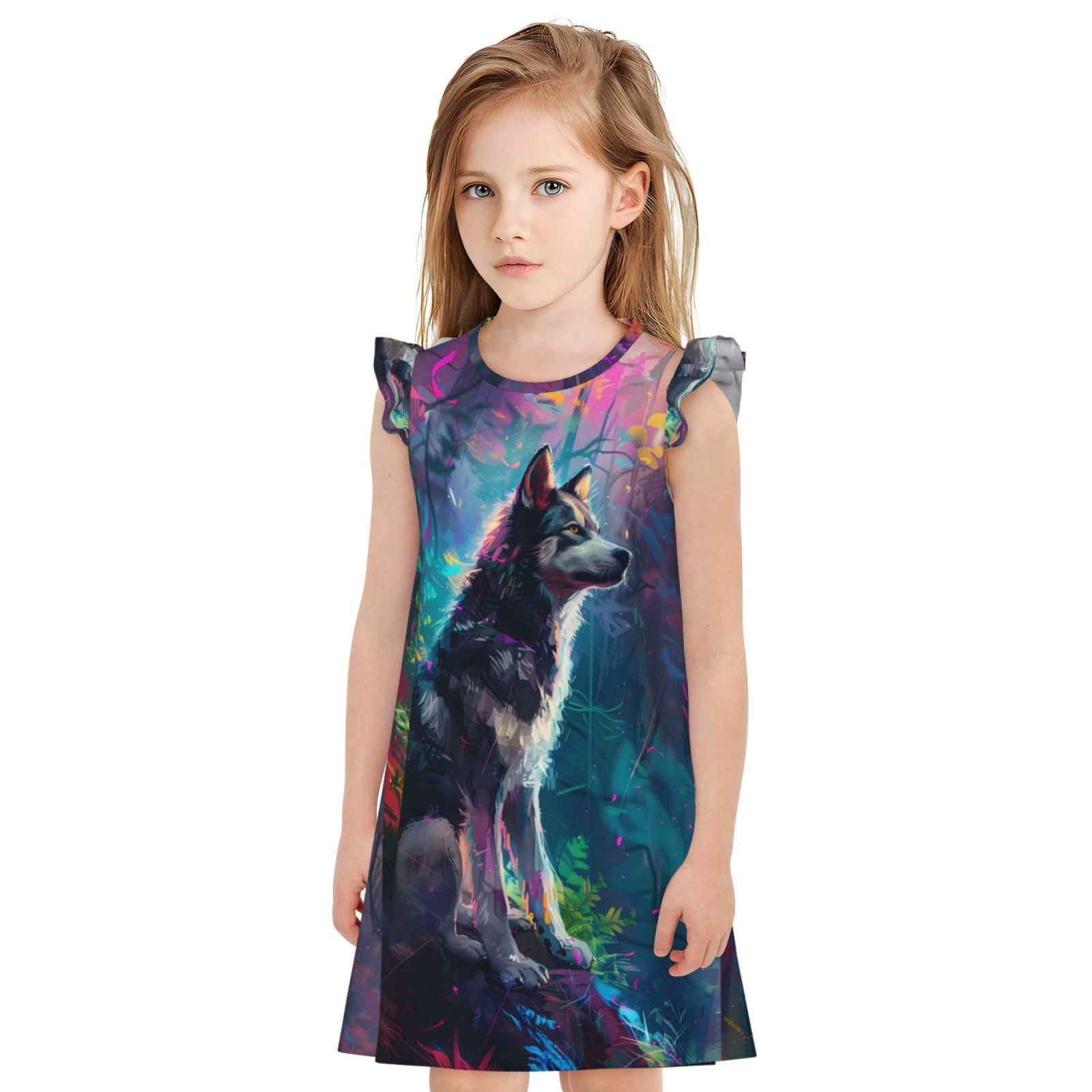 Fuzoiu Colorful Plant Wolf Print Girls' Nightgowns Pajamas Dress,Girls ...