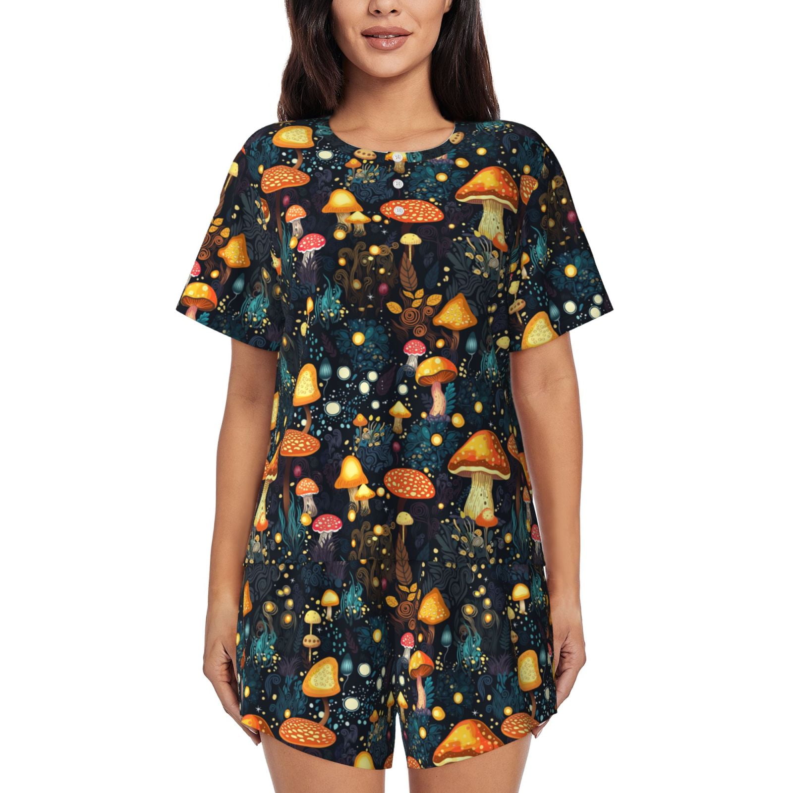 Fuzoiu Colorful Plants Mushroom Print Women's Short-Sleeved Pajama Set ...