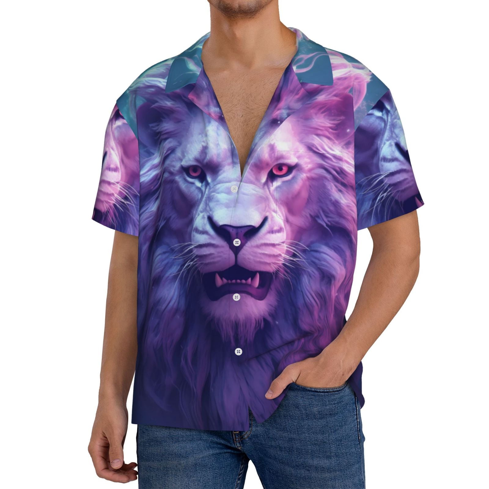 Fuzoiu Cool Lion Head Print Men's Casual Short,Men's Short Sleeve Shirt ...