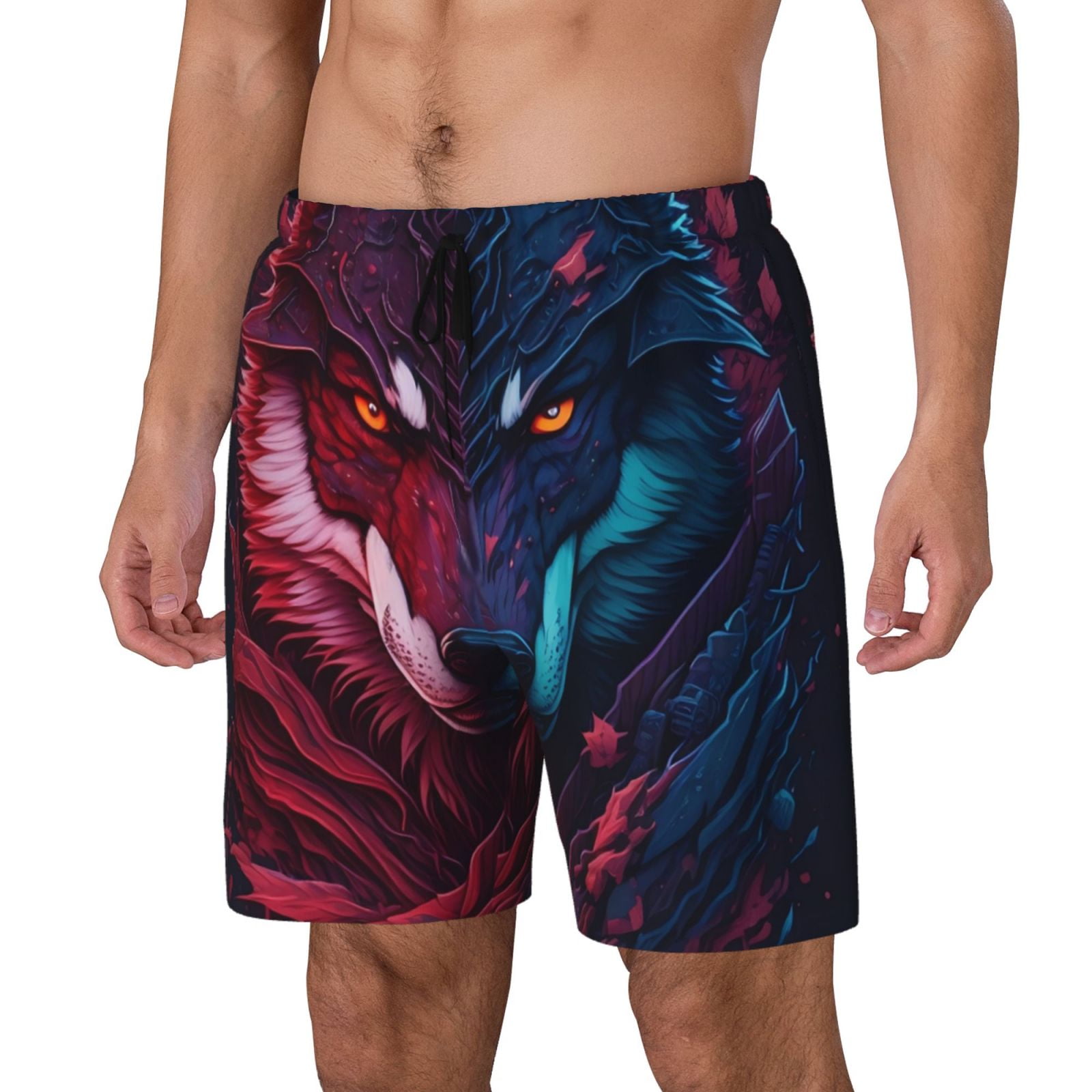 Fuzoiu Cool Wolf Head Print Men's Swim Shorts,Quick-Dry Double-Layer ...