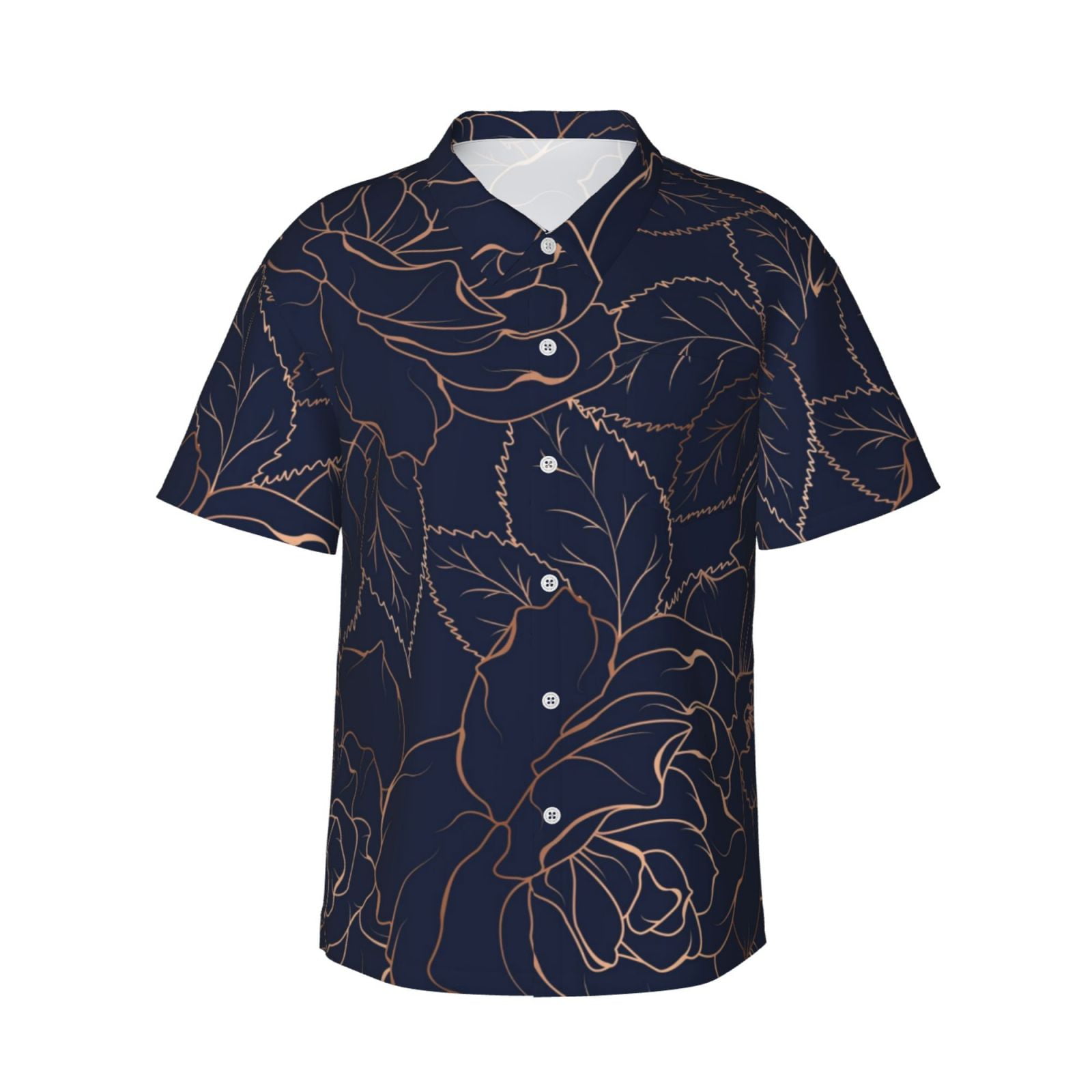 Fuzoiu Copper-Gold Gloss Outline Navy Dark Blue Print Hawaiian Shirt ...