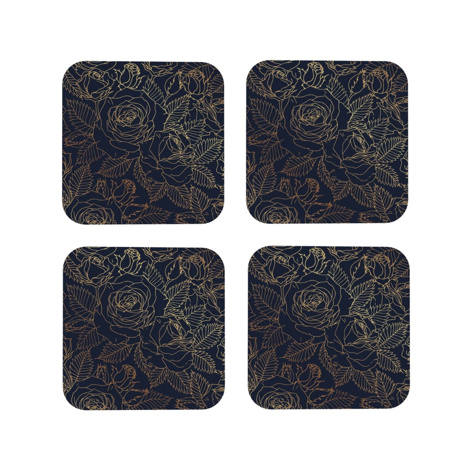 Fuzoiu Copper-Gold Gloss Outline Rose Print Leather Coasters Set,Drink ...