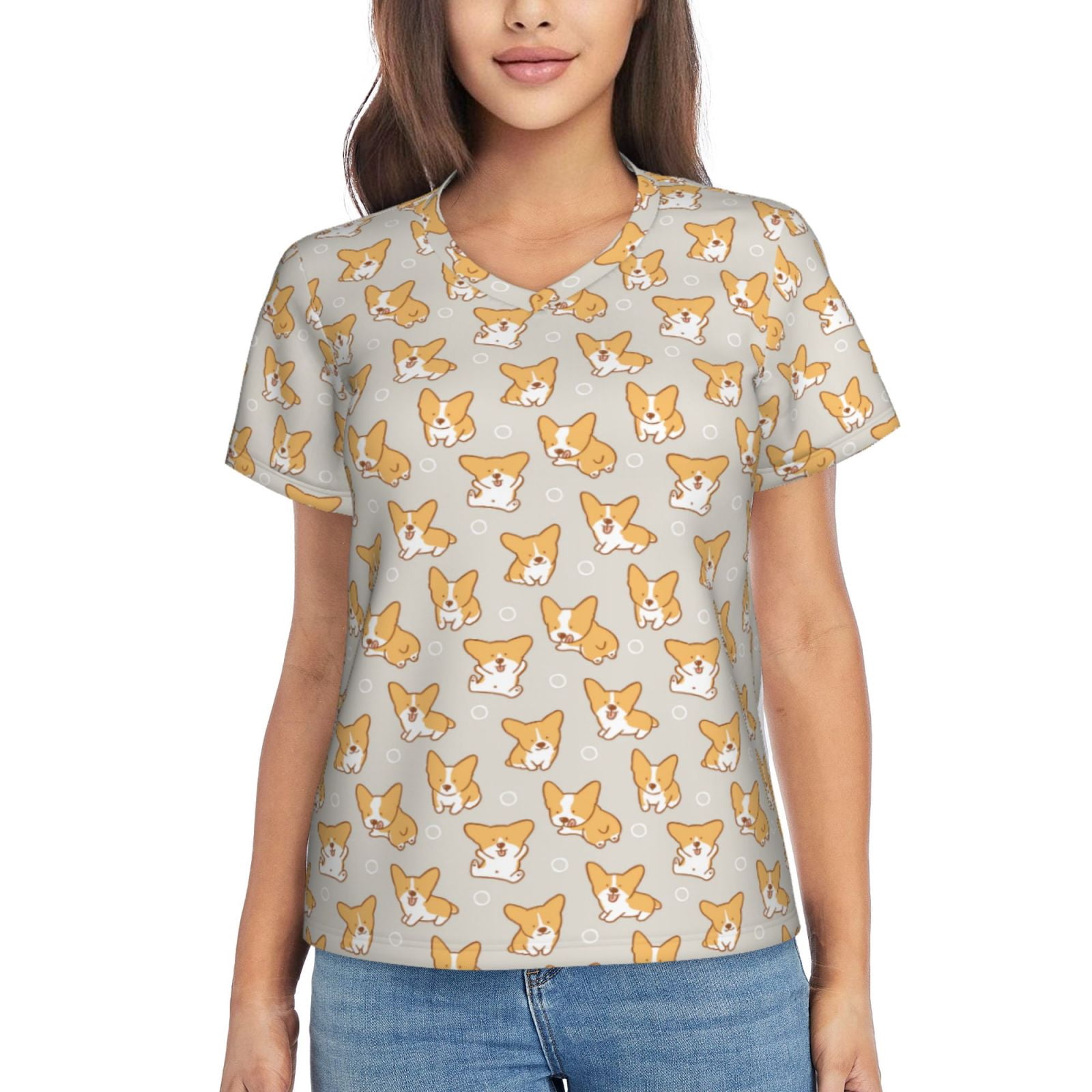 Fuzoiu Corgi Dog Print Women's Classic V-Neck T-Shirt, Short Sleeve V ...