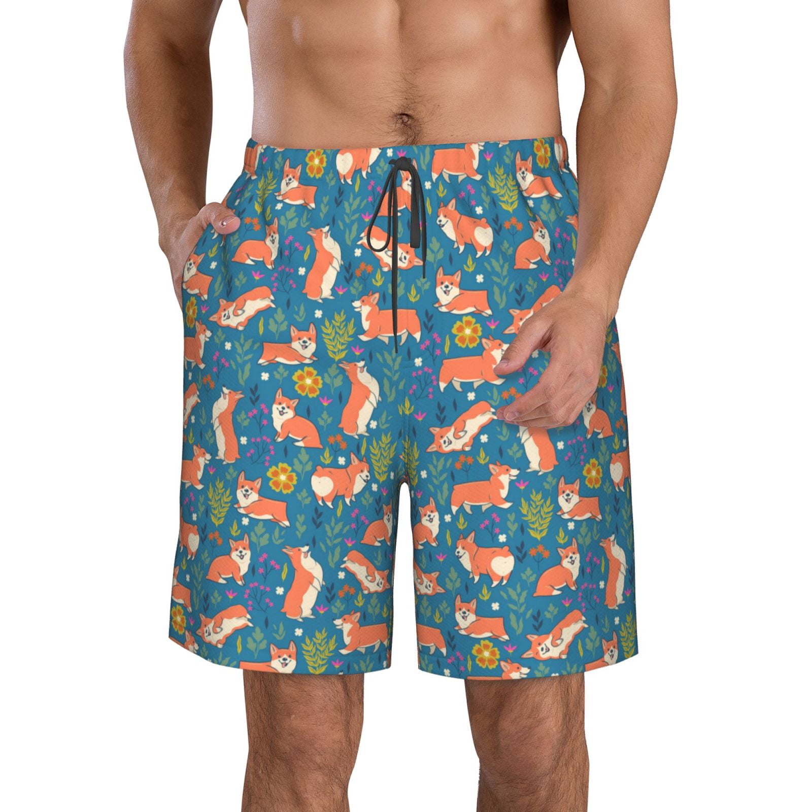 Fuzoiu Corgi with Flowers Print Men's Beach Shorts,Men's Swim Trunks ...