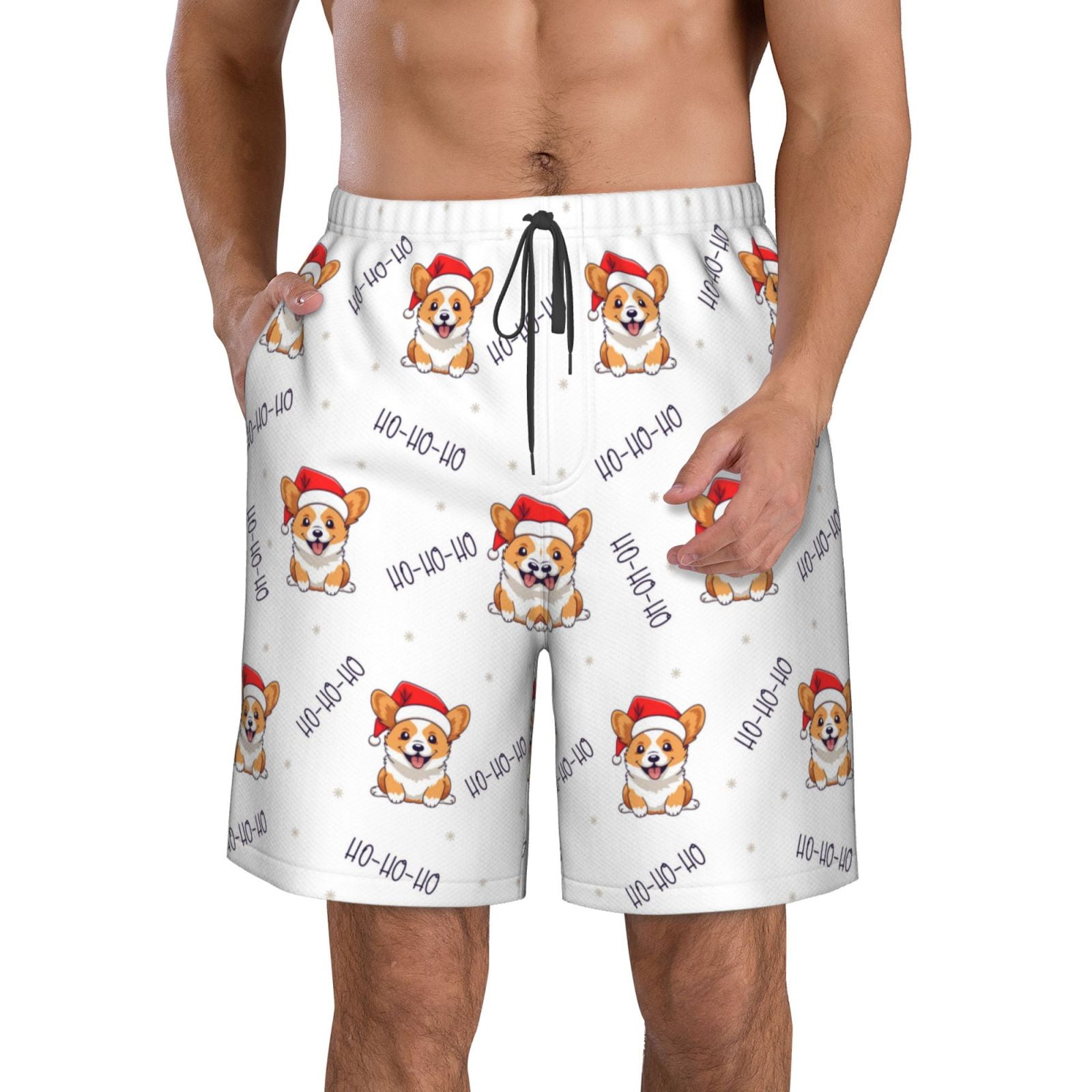 Fuzoiu Corgi With Santa Claus Hat Print Men's Beach Shorts,Men's Swim ...