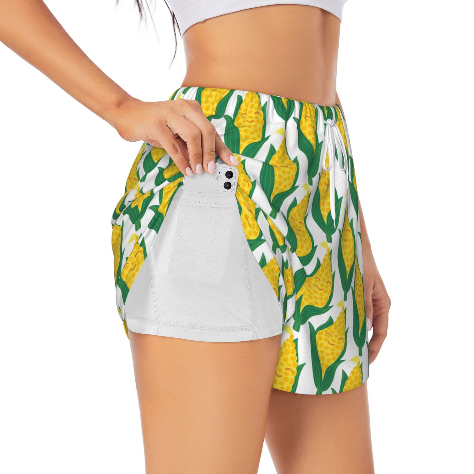 Fuzoiu Corn Cob Print Women's Athletic Shorts, Double-Layer Running ...