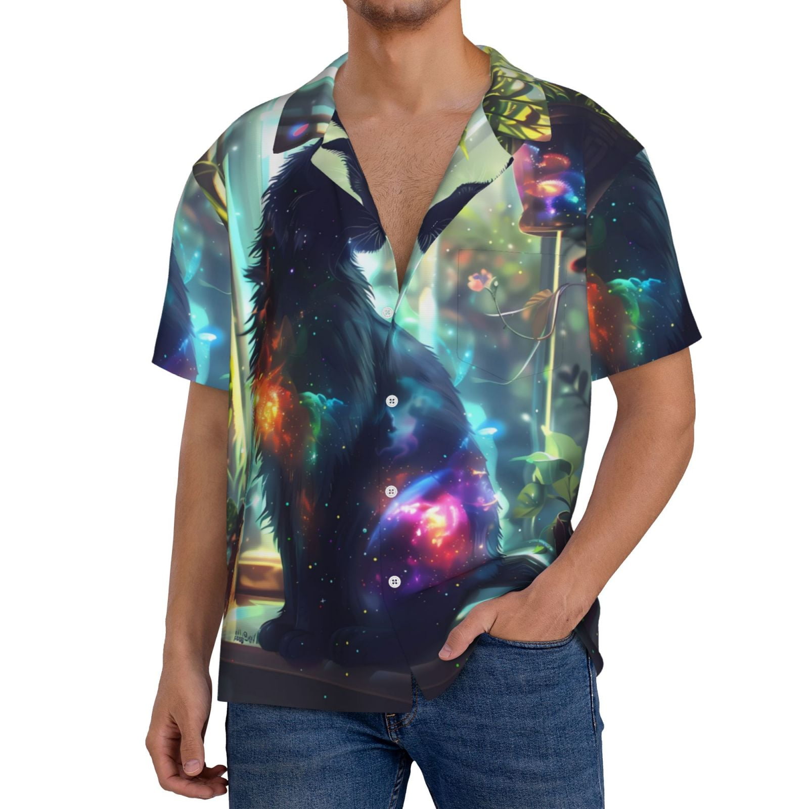 Fuzoiu Cosmic Cat In Window Print Men's Casual Short,Men's Short Sleeve ...