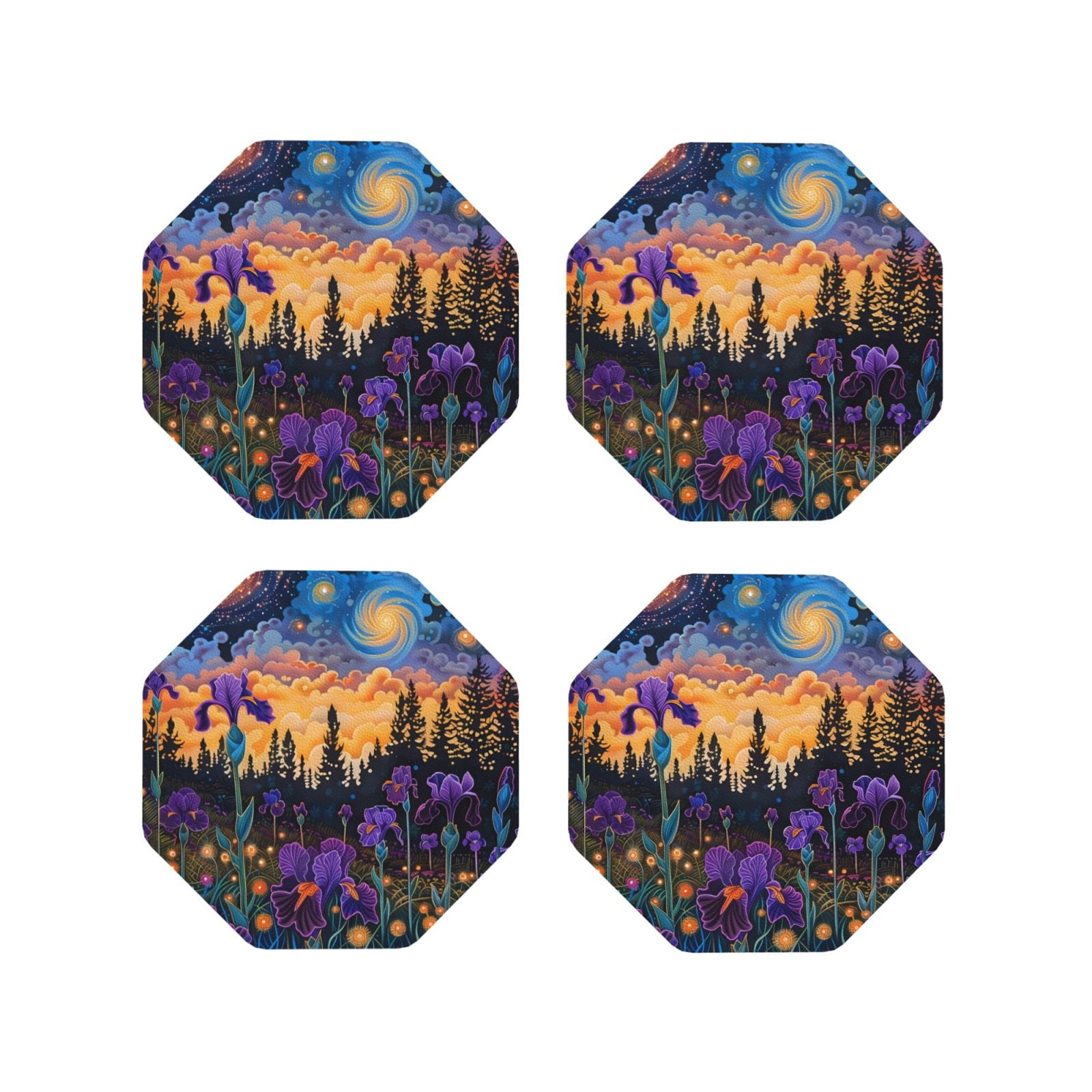 Fuzoiu Cosmic Irises At Twilight Print Leather Coasters Set,Drink ...