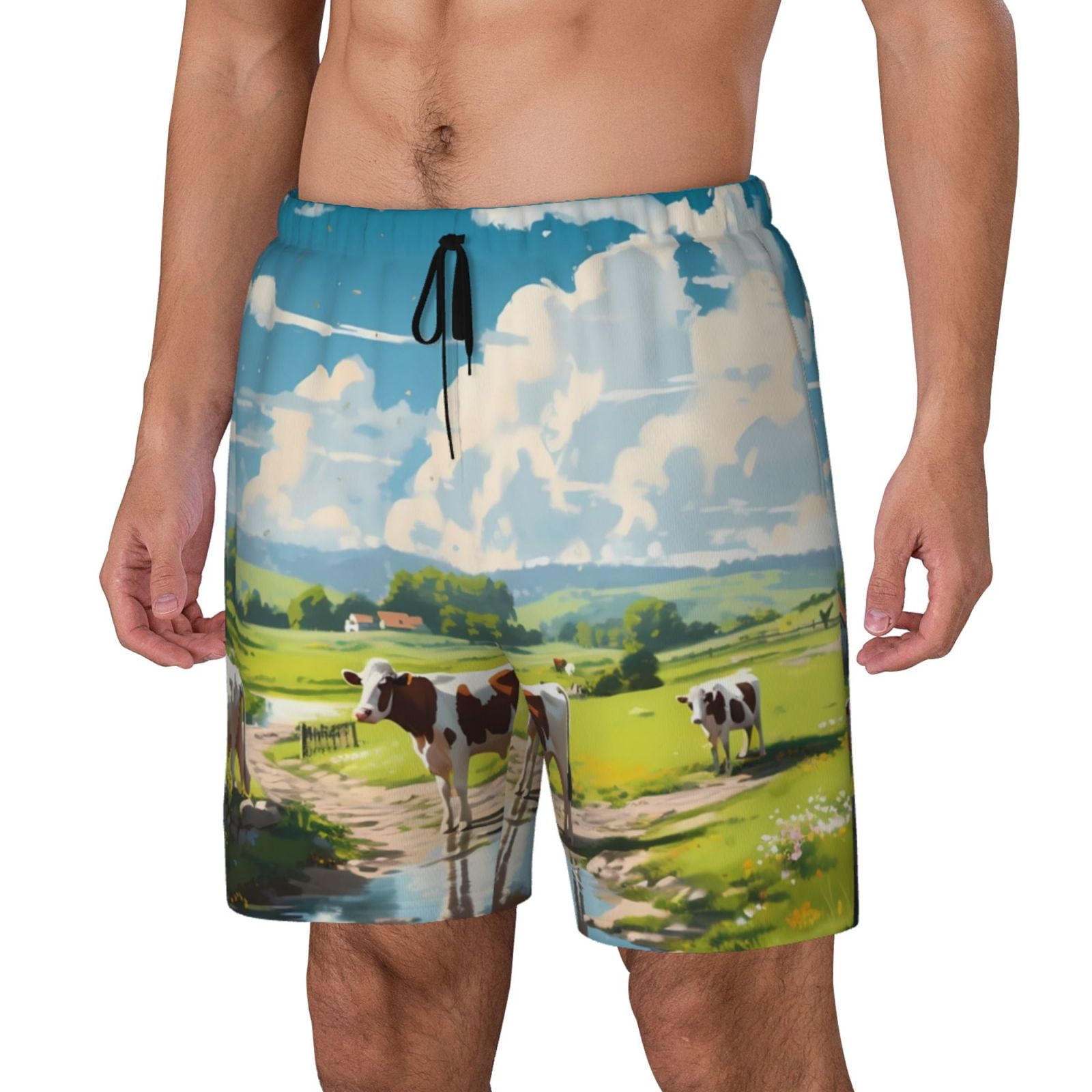 Fuzoiu Countryside Farm Cow Print Men's Swim Shorts,Quick-Dry Double ...