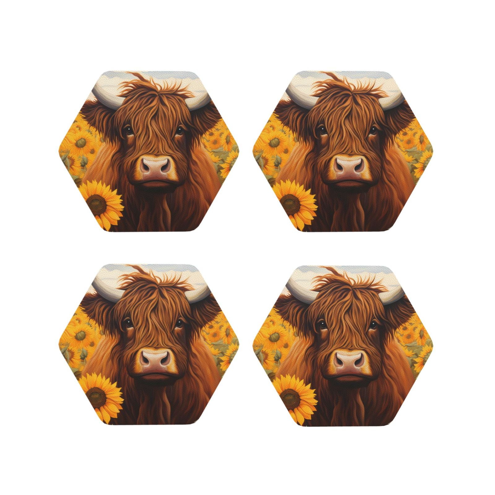 Fuzoiu Countryside Sunflower Cow Print Leather Coasters Set,Drink ...