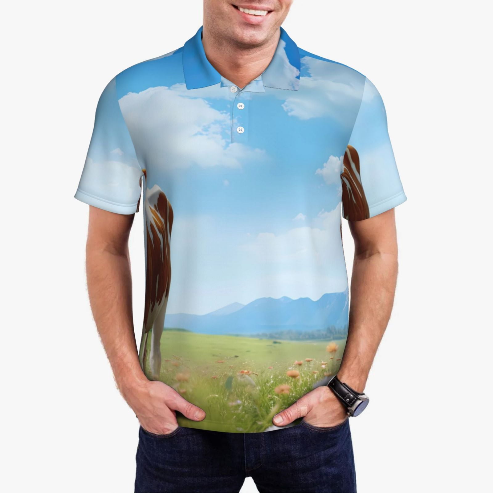 Fuzoiu Cow Grazing Nature Print Men's Polo Shirts Short Sleeve,Golf ...