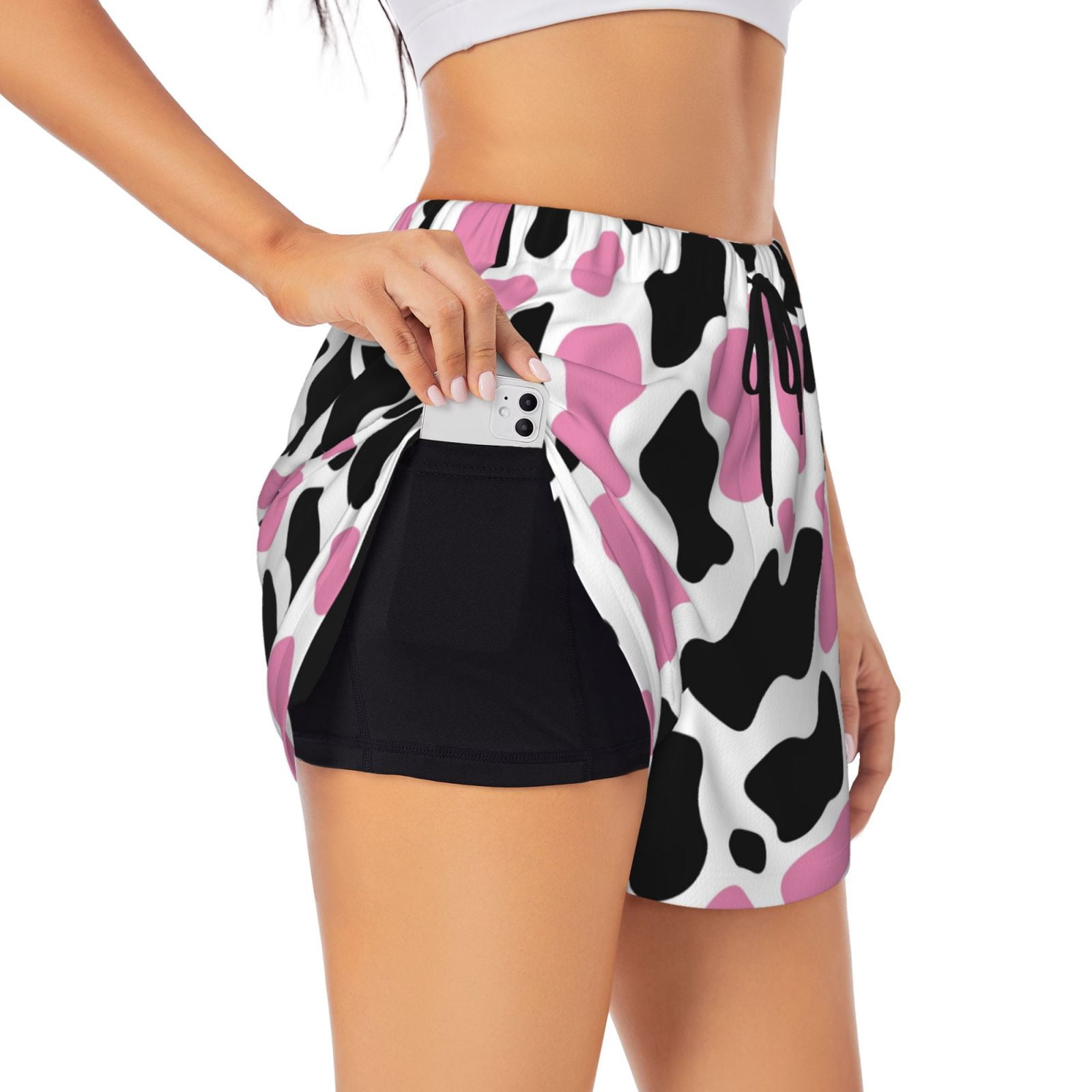 Fuzoiu Cow Spots Print Women's Athletic Shorts, Double-Layer Running ...