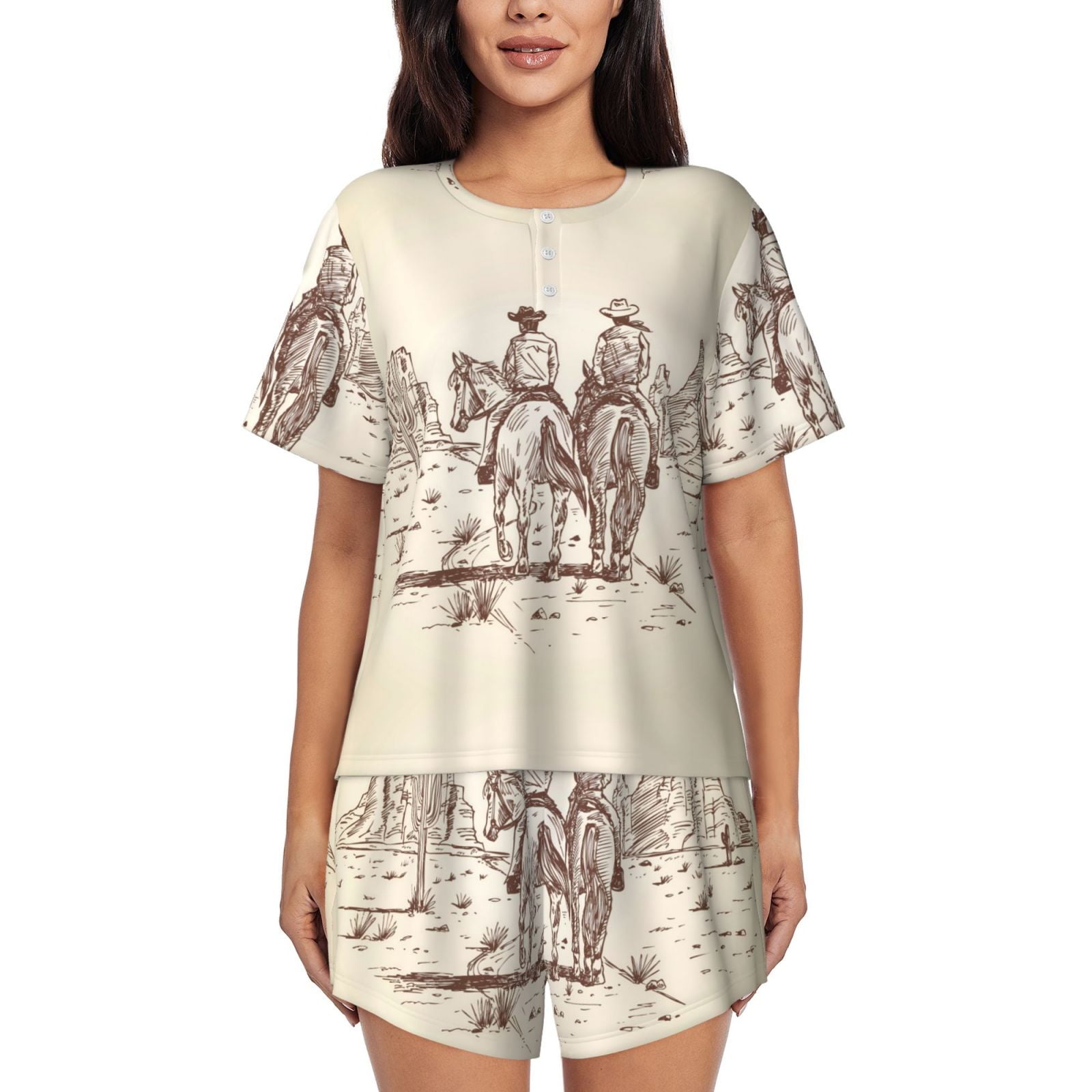 Fuzoiu Cowboys Riding Horses Print Women's Short-Sleeved Pajama Set ...