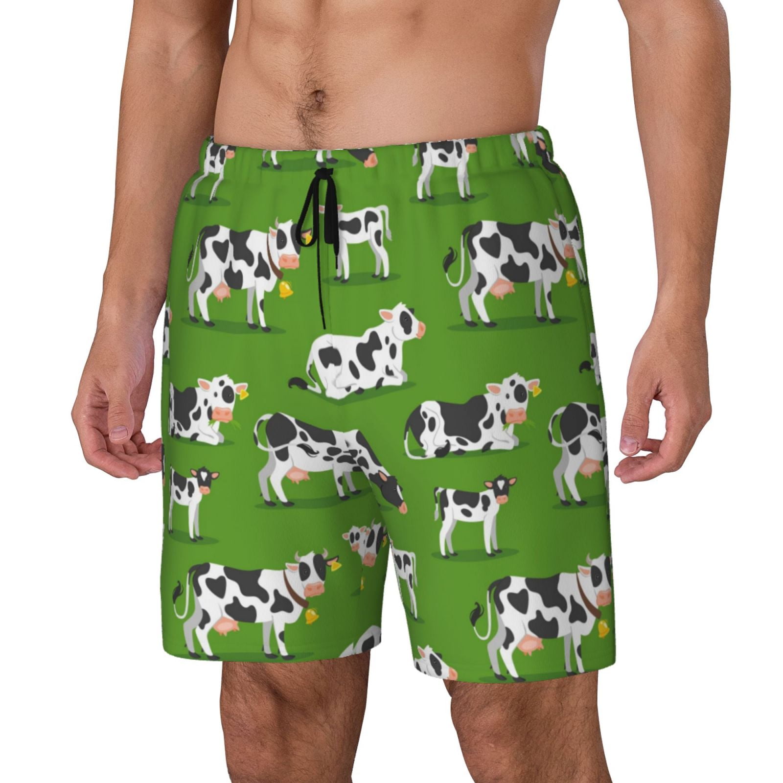 Fuzoiu Cows With Calfs Green Print Men's Swim Shorts,Quick-Dry Double ...