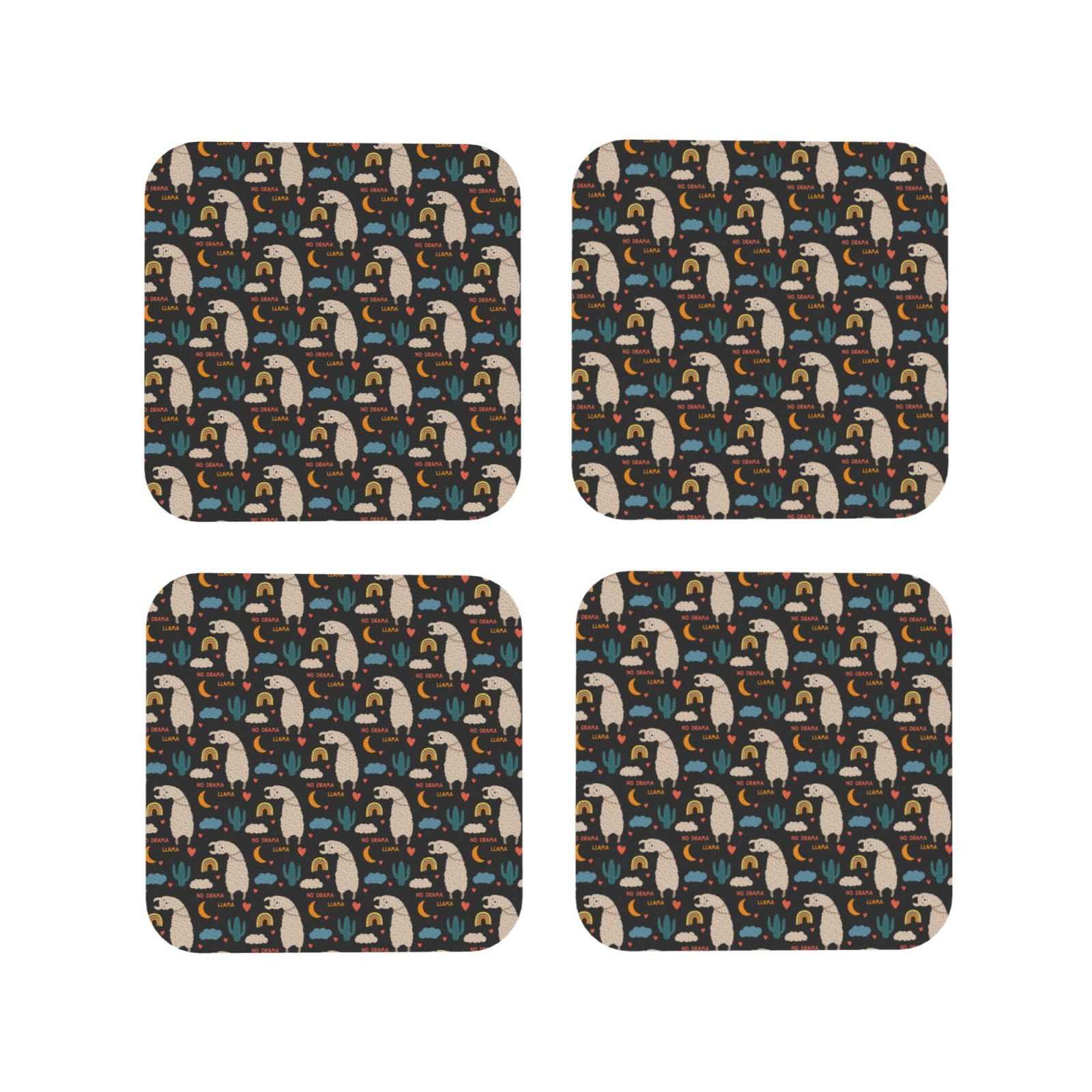 Fuzoiu Cute Alpaca Print Leather Coasters Set,Drink Coasters Set of 4 ...