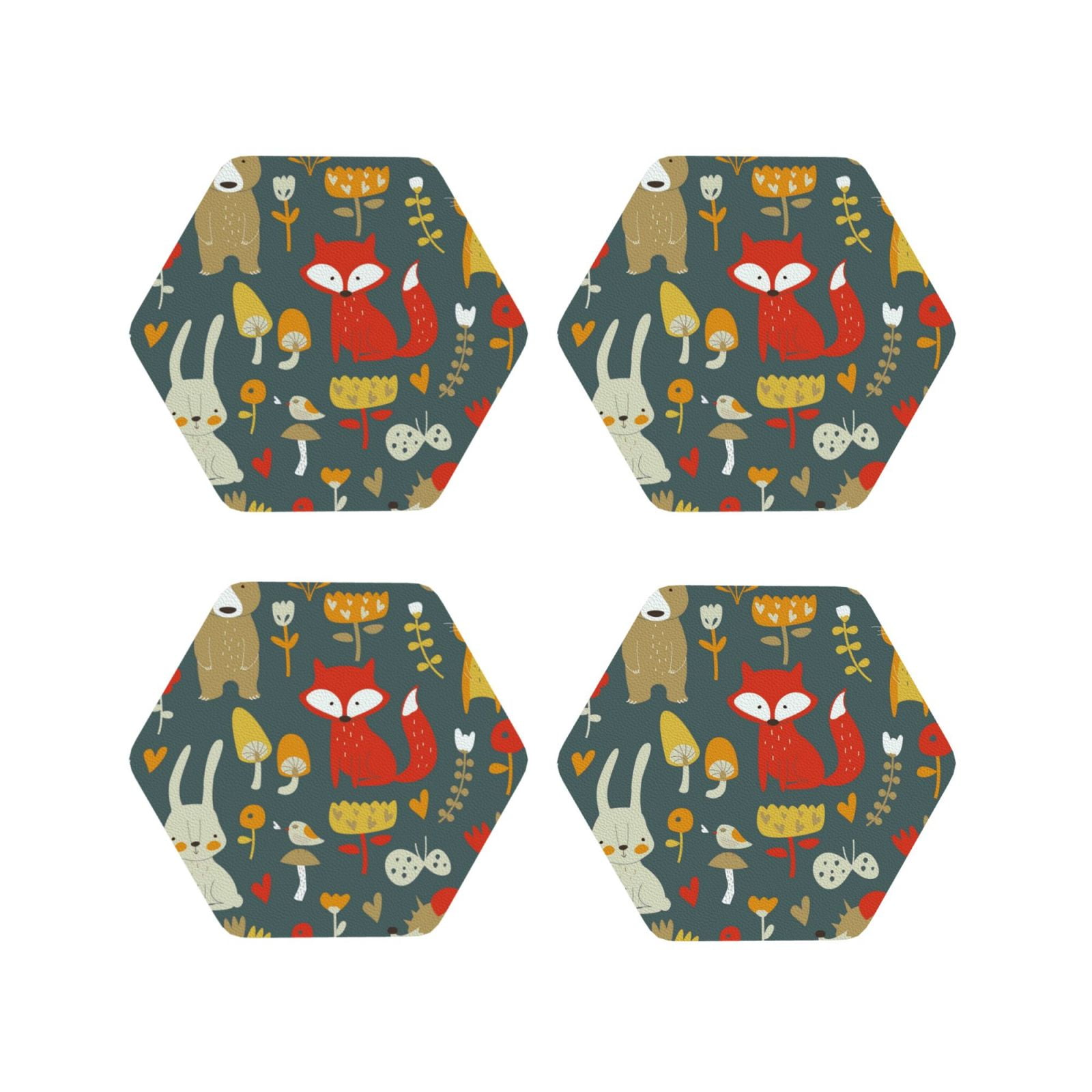 Fuzoiu Cute Animal Forest Print Leather Coasters Set,Drink Coasters Set ...