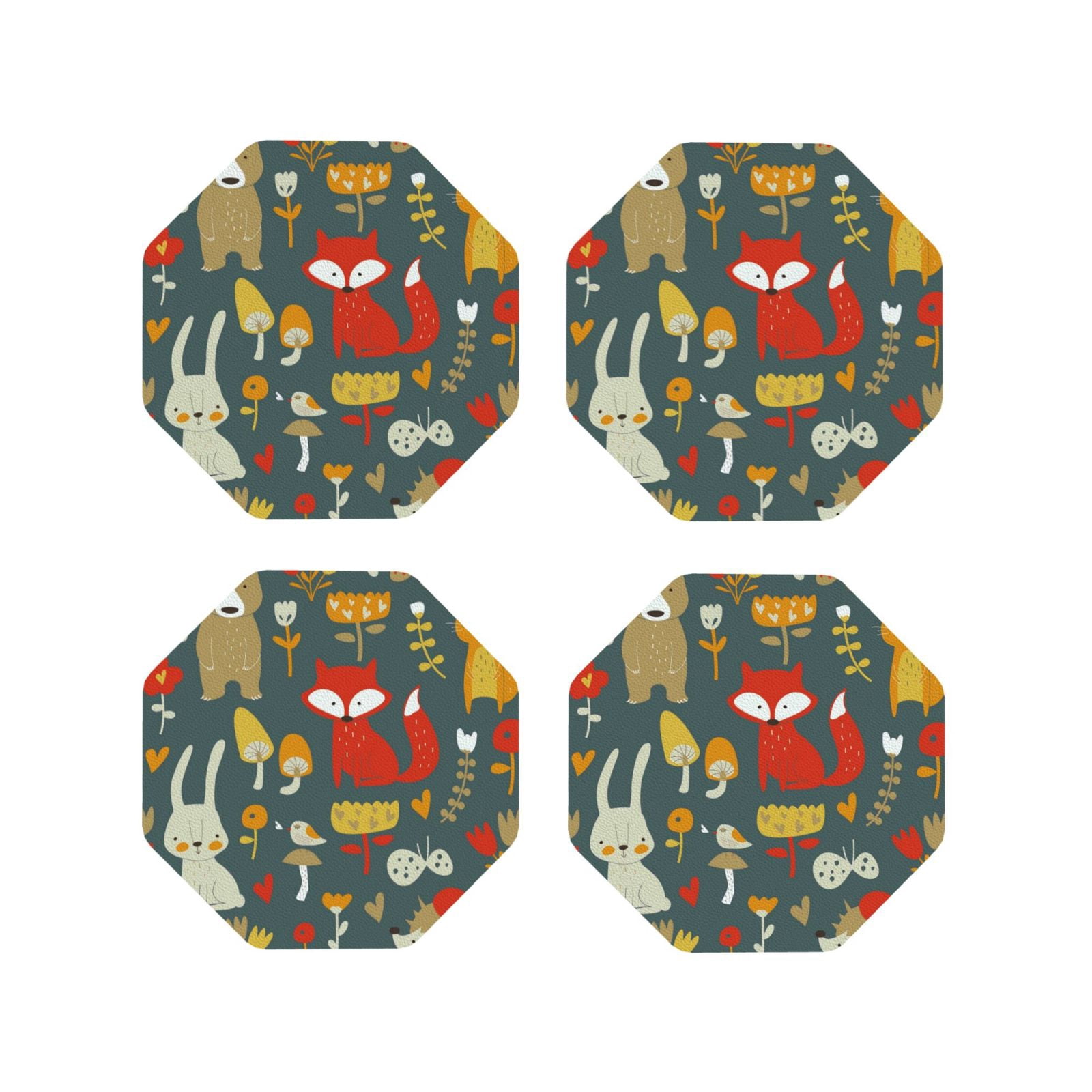 Fuzoiu Cute Animal Forest Print Leather Coasters Set,Drink Coasters Set ...