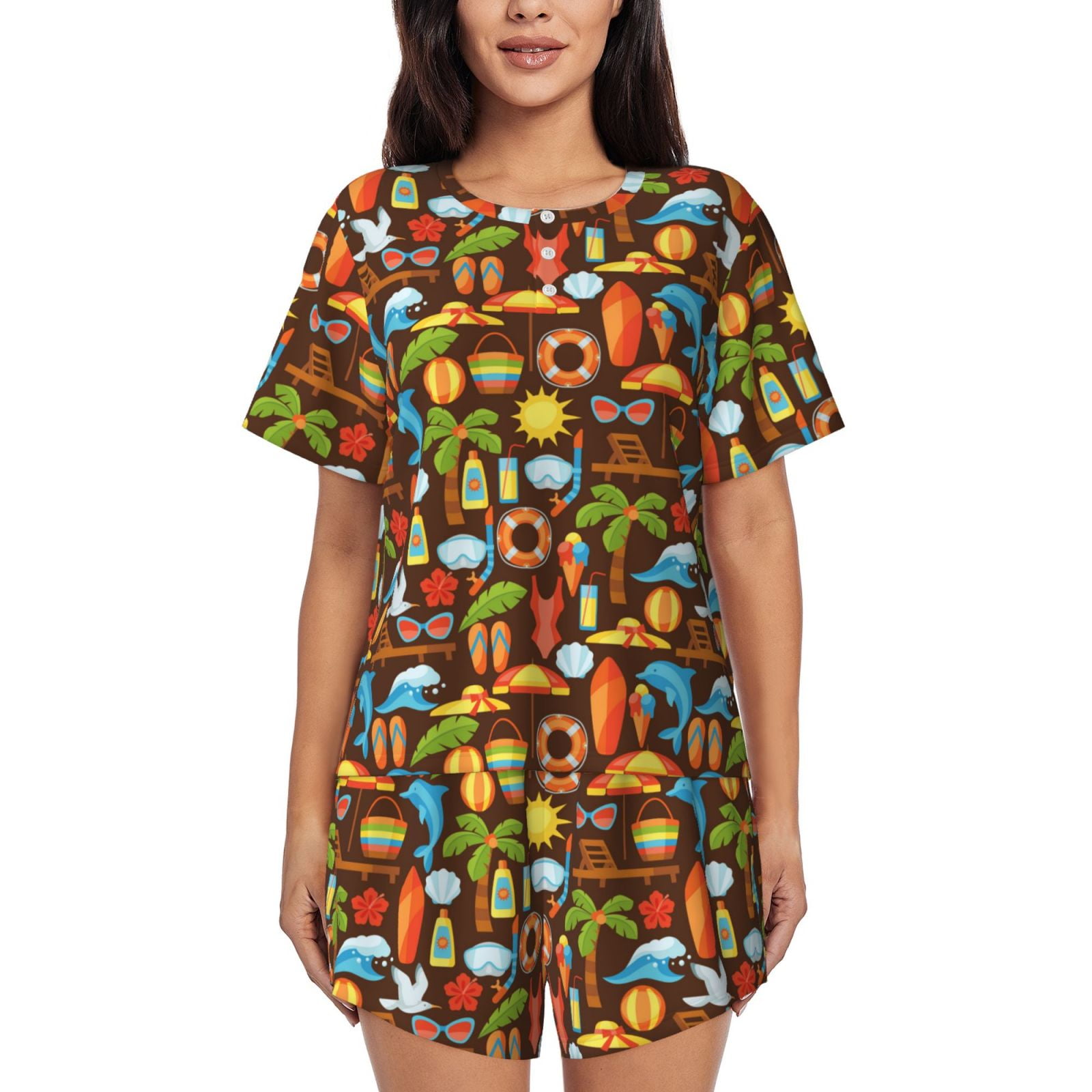 Fuzoiu Cute Beach Dolphin Print Women's Short-Sleeved Pajama Set,Lounge ...