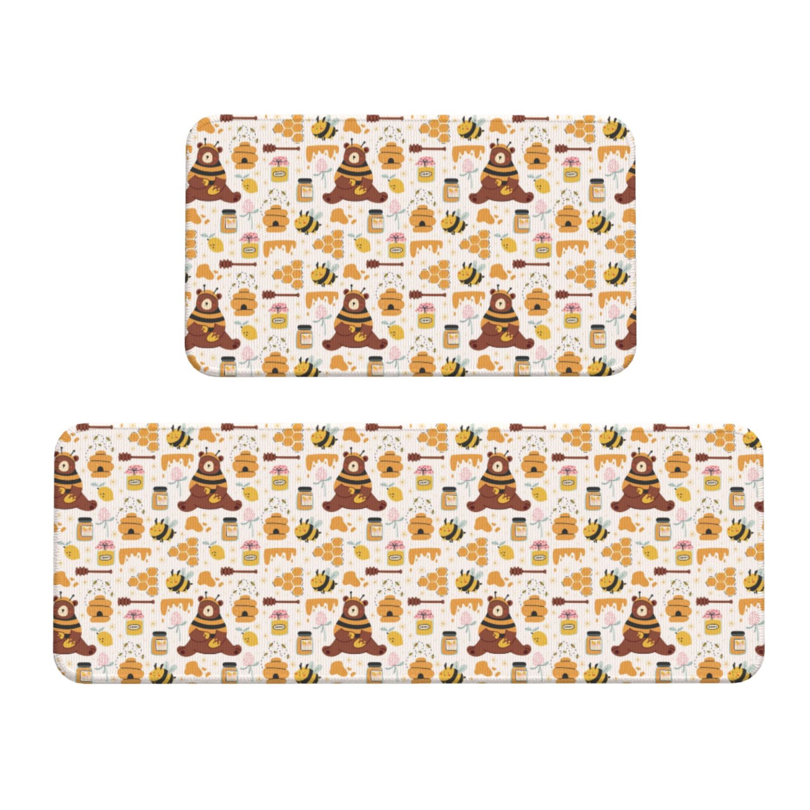 Fuzoiu Cute Bee Honey Jar Hive Bear Print Kitchen Floor Mat 2 Sets ...