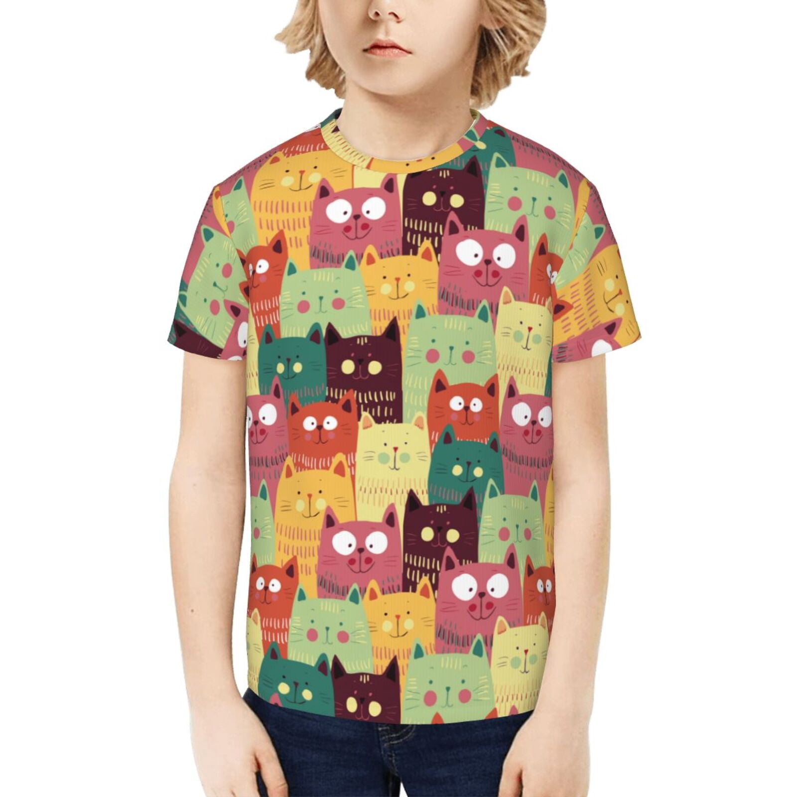 Fuzoiu Cute Cartoon Cat Print Boys' Casual T-Shirt,Crewneck Undershirts ...