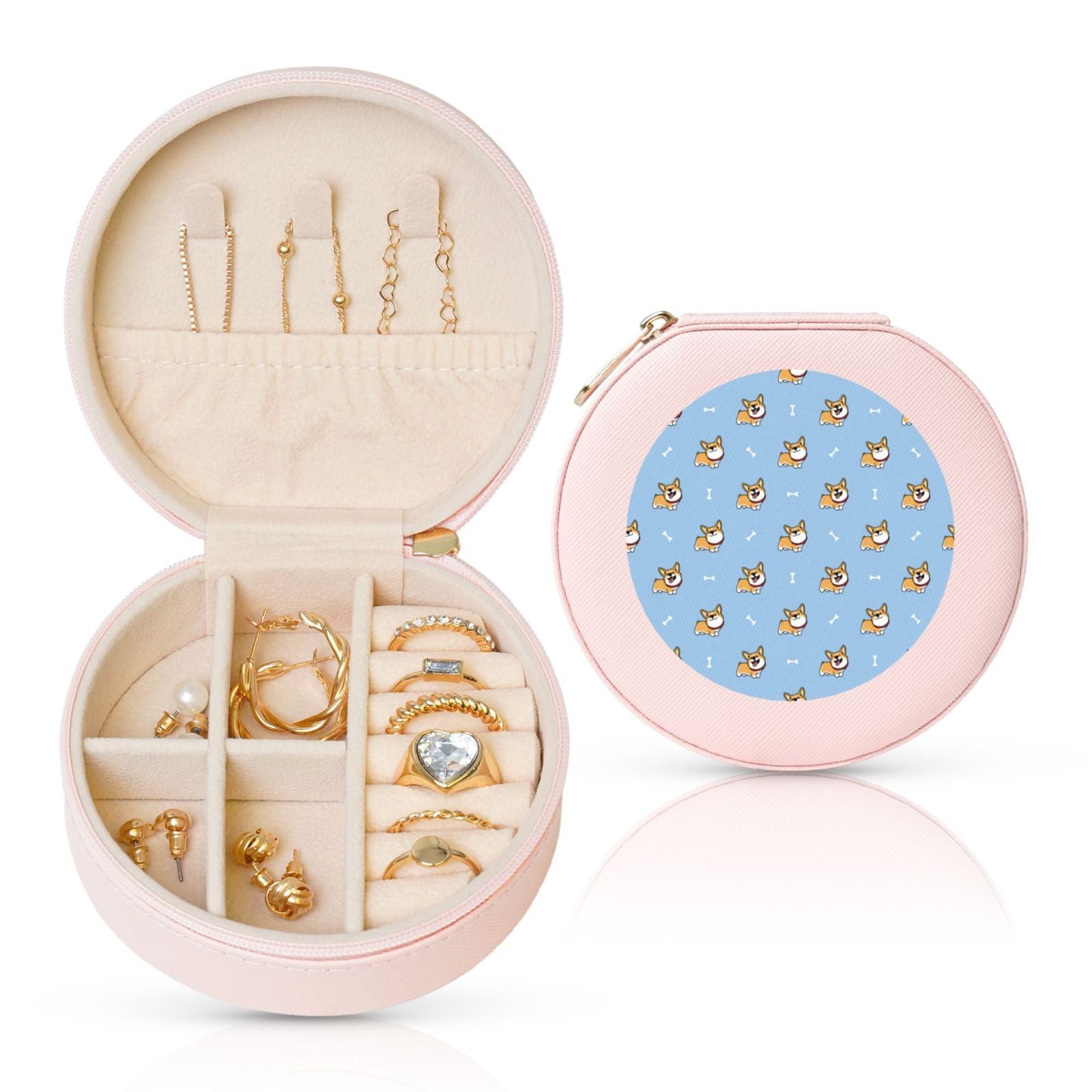 Fuzoiu Cute Cartoon Corgi Print Portable Jewelry Box,Round Mini Leather ...