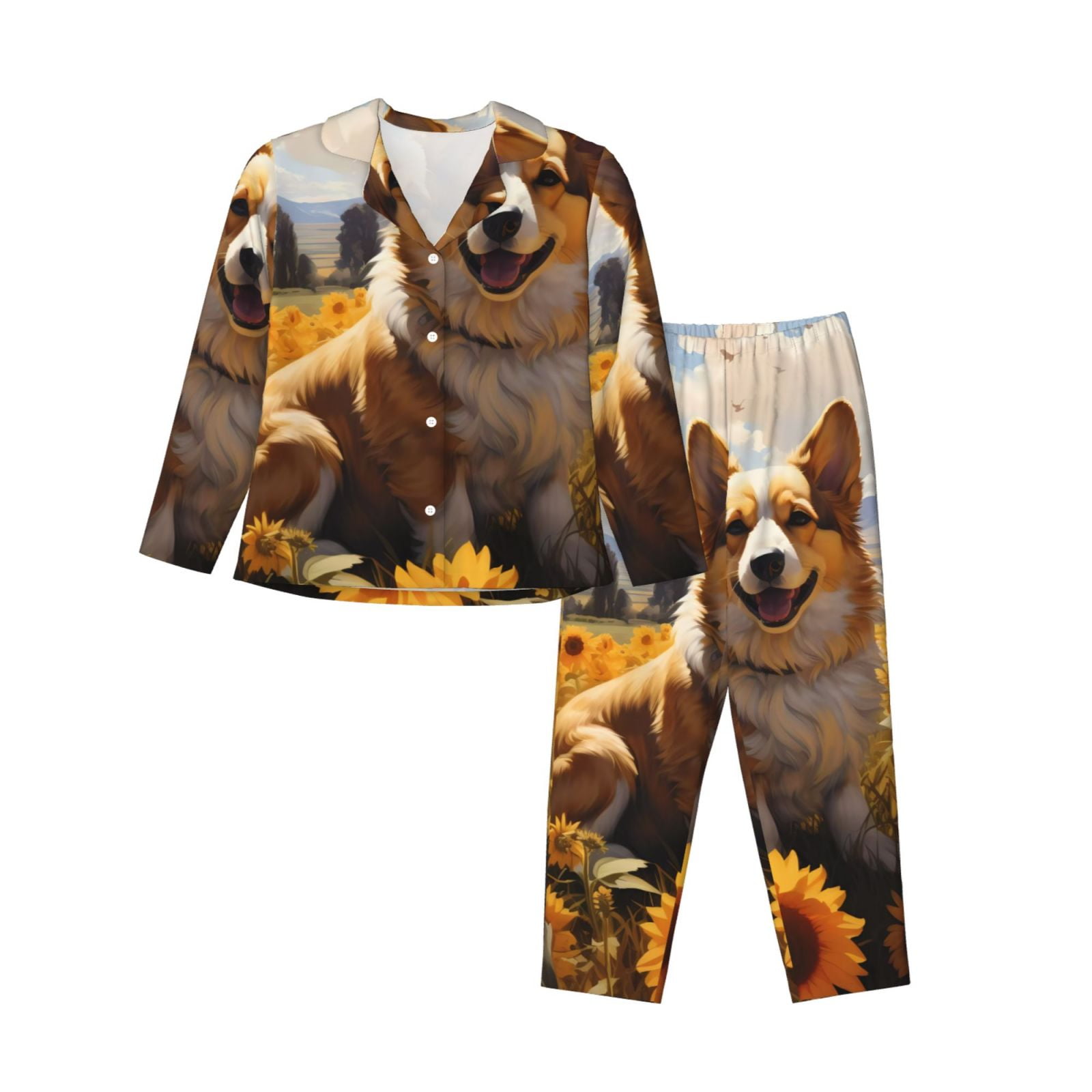 Fuzoiu Cute Corgi Sunflower Print Women's Long-Sleeved Pajama,Lounge ...