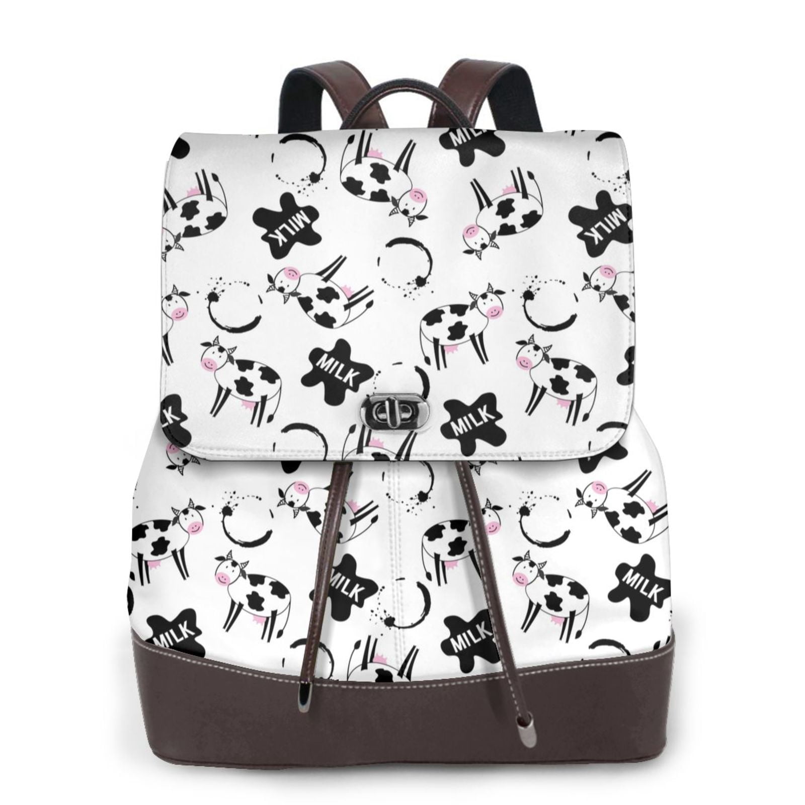 Fuzoiu Cute Cow and Milk Stains Print Women's Leather Backpack,Backpack ...