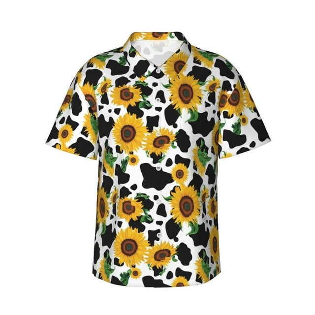 Fuzoiu Cute Cow Print Sunflower D Print Hawaiian Shirt For Men Summer Beach Casual Short Sleeve