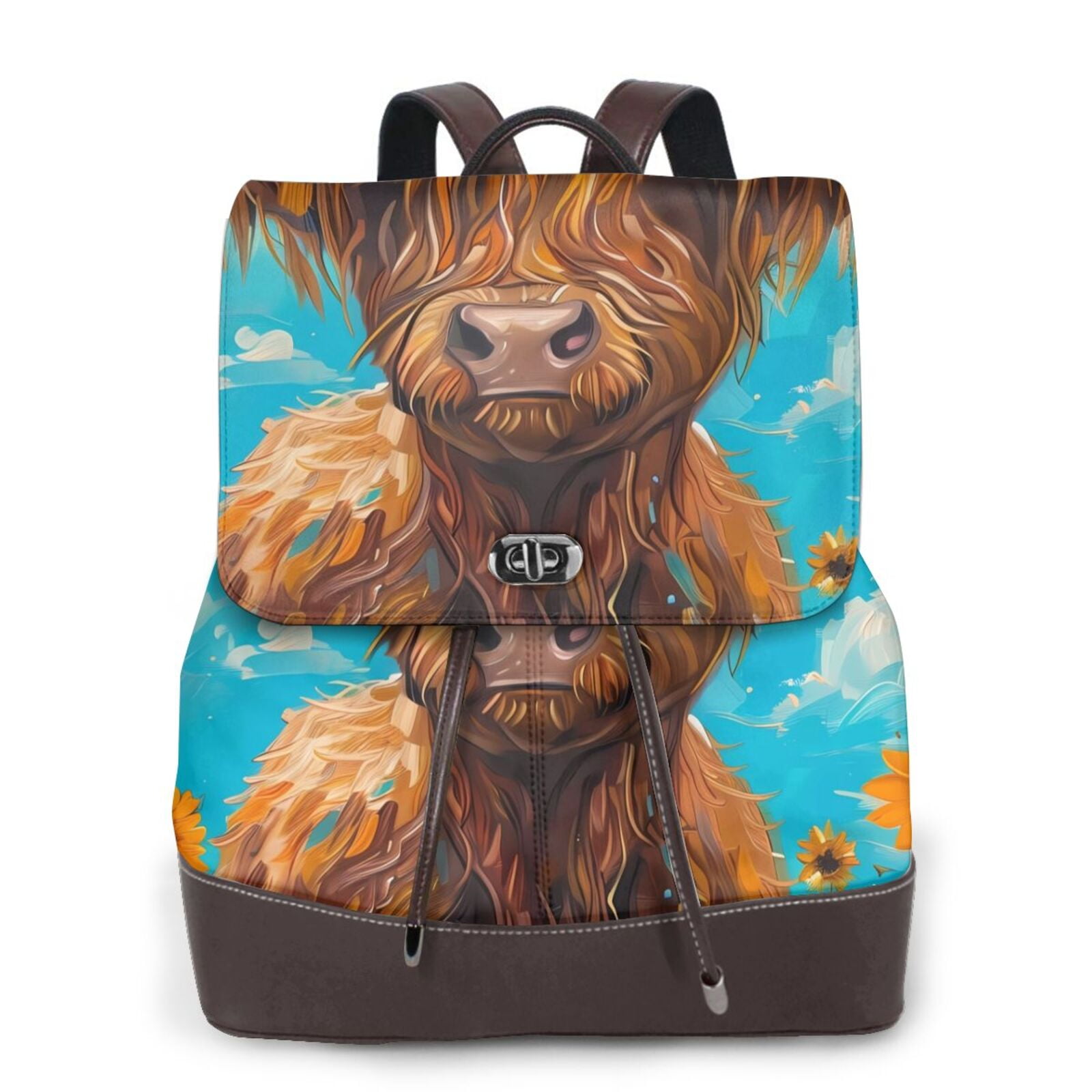 Fuzoiu Cute Cow Sunflowers Art Print Women's Leather Backpack,Backpack ...