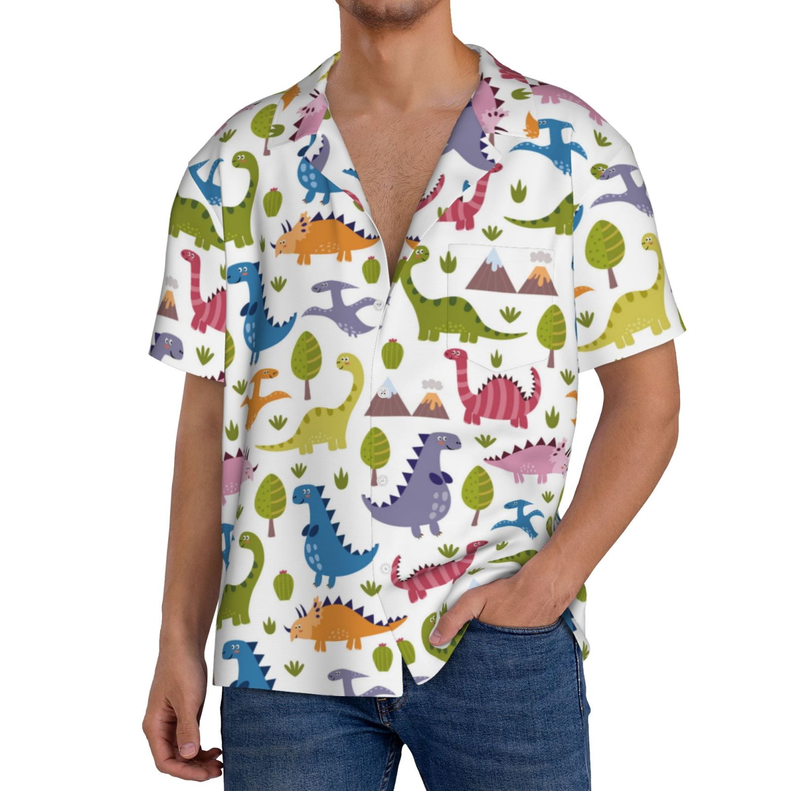 Fuzoiu Cute Dinosaur Print Men's Casual Short,Men's Short Sleeve Shirt ...